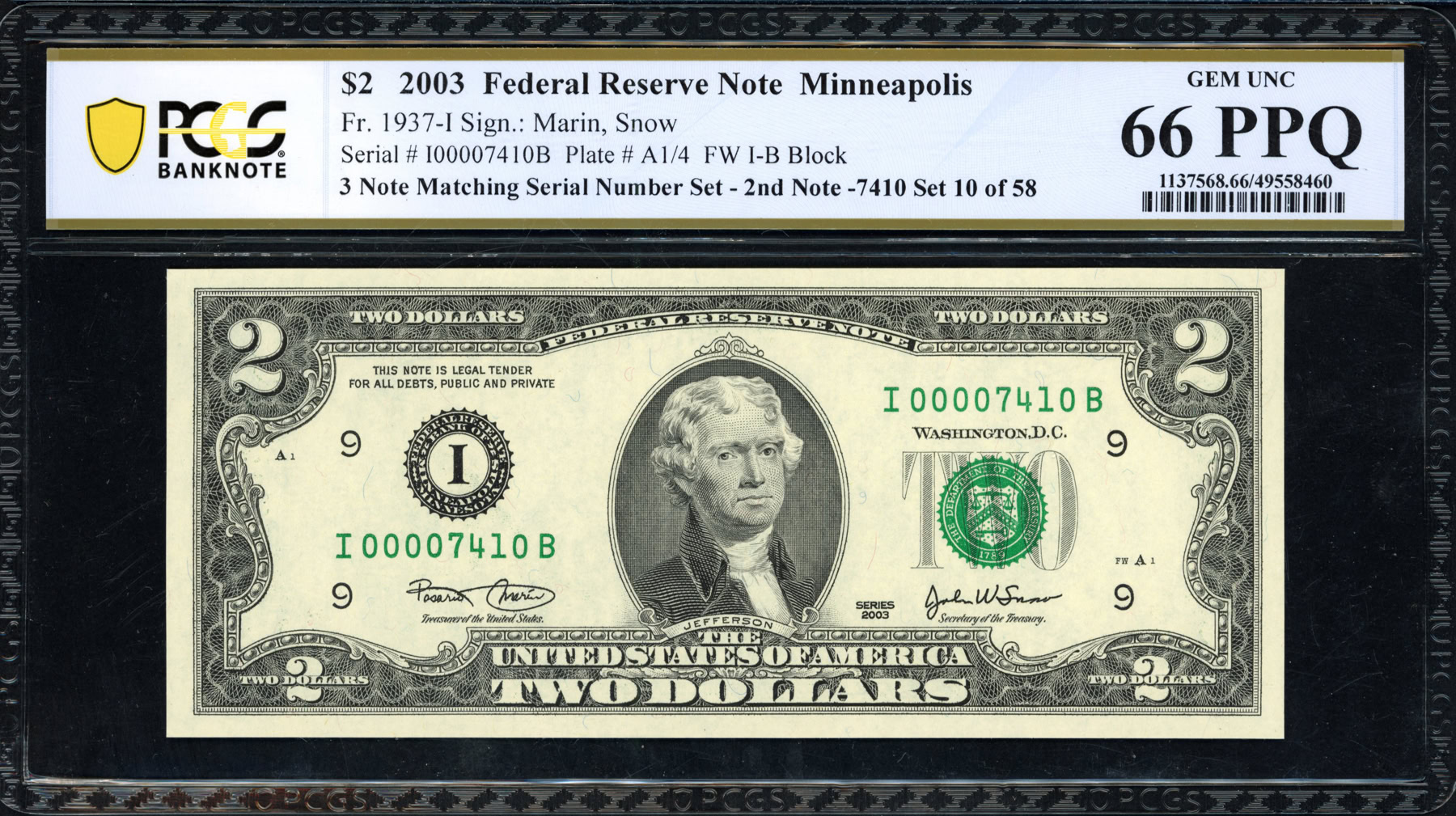Fr. 1915-C, 1931-G & 1937-I 1988A-2003A $1 & $2 Federal Reserve Notes ...