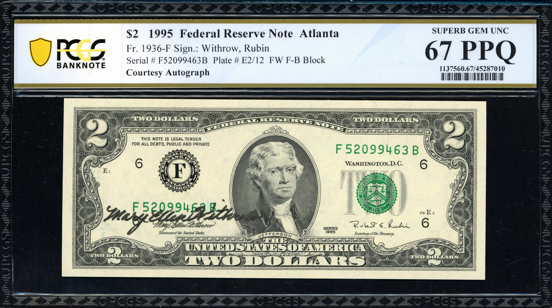 Fr. 1936-F (FB Block) 1995 $2 Atlanta Federal Reserve Note *Mary ...