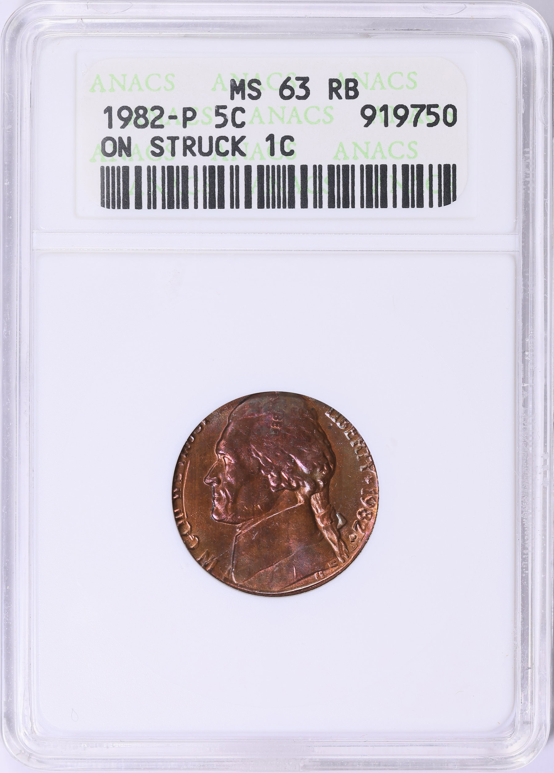 Mint Error 1982-P Jefferson Nickel On Struck 1c ANACS MS-63 RB OH ...