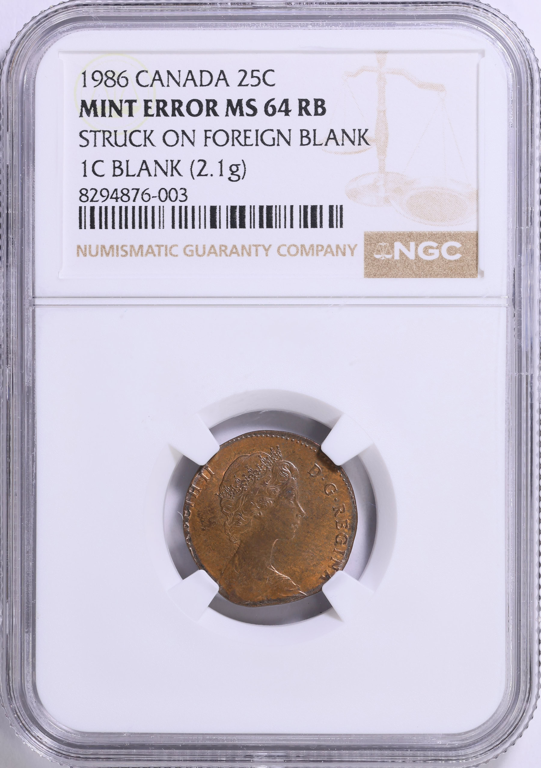 Canada Mint Error 1986 25 Cents Struck on Foreign Cent Blank NGC MS-64 ...