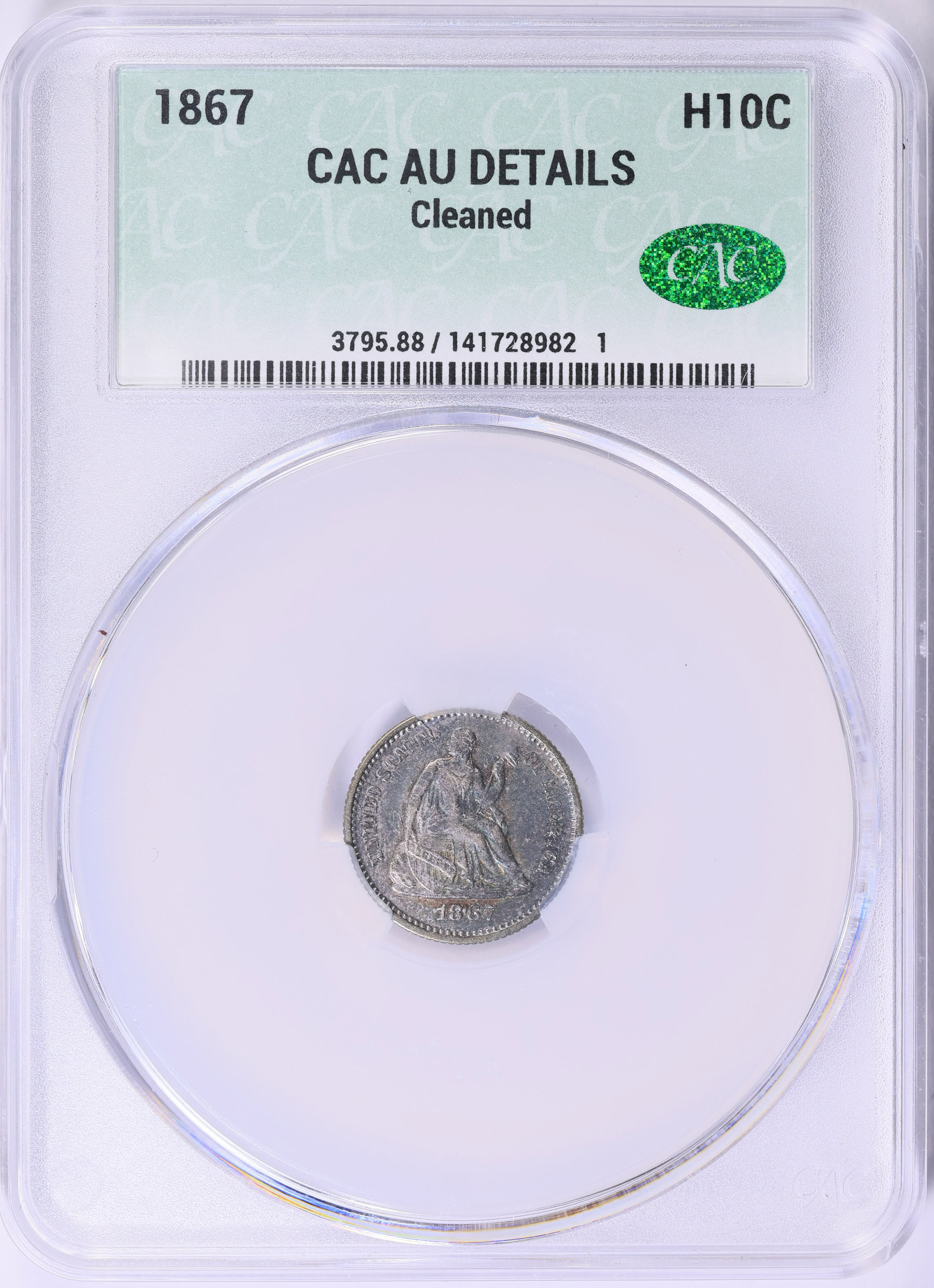 1867 Seated Liberty Half Dime CACG AU Details (Item 1871927) | GreatCollections Coin Auctions