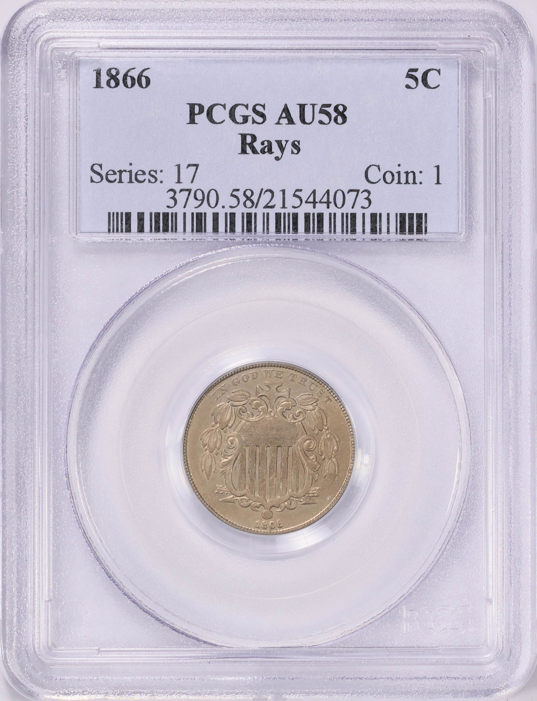 1866 Shield Nickel Rays PCGS AU-58 (Item 1872001) | GreatCollections Coin Auctions