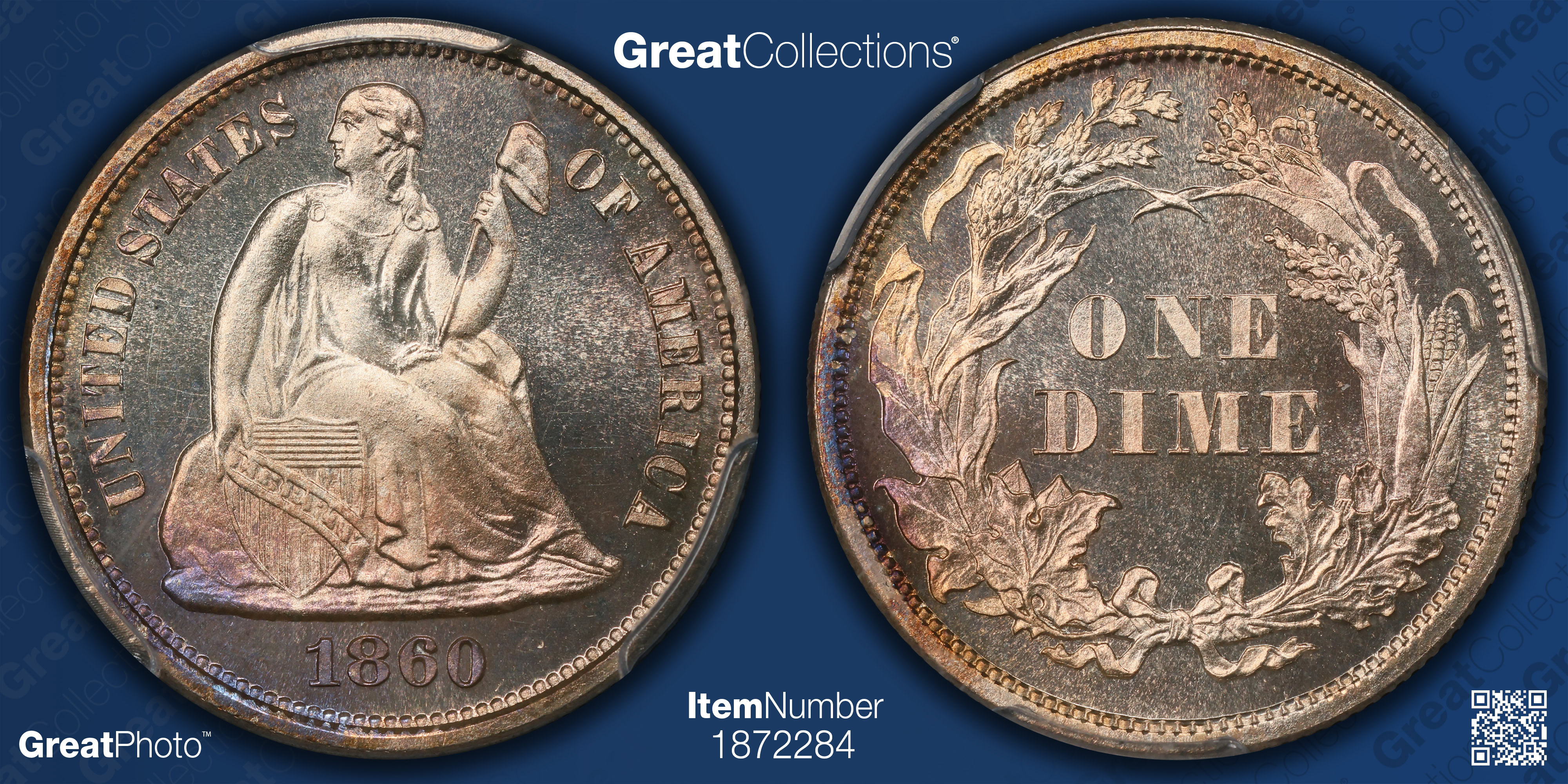 1860 Seated Liberty Dime PCGS Proof-67 CAMEO (CAC Green) (Toned) (Item ...