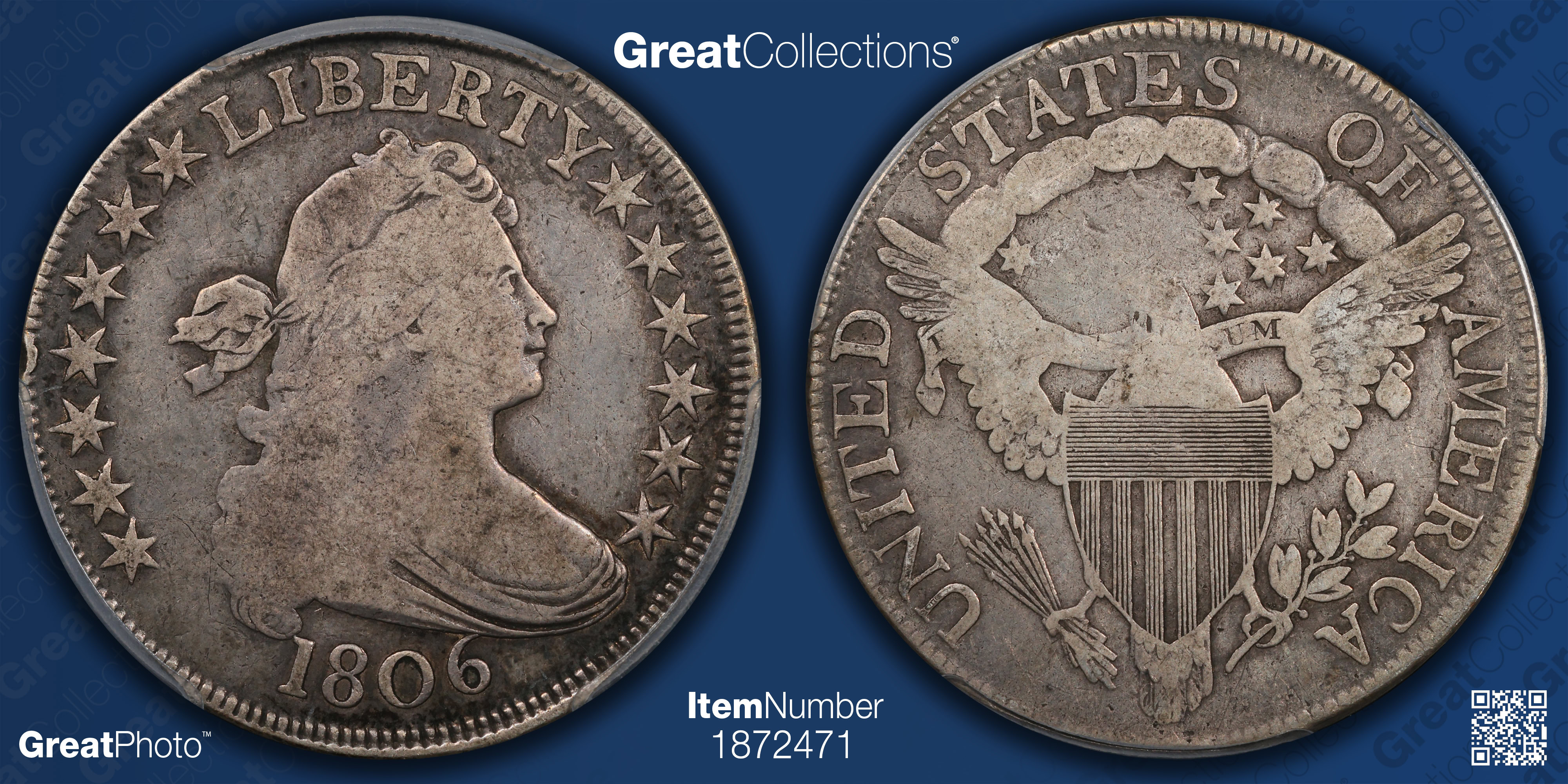 1806 Draped Bust Half Dollar Pointed 6, Stem Through Claw PCGS VG-08 ...