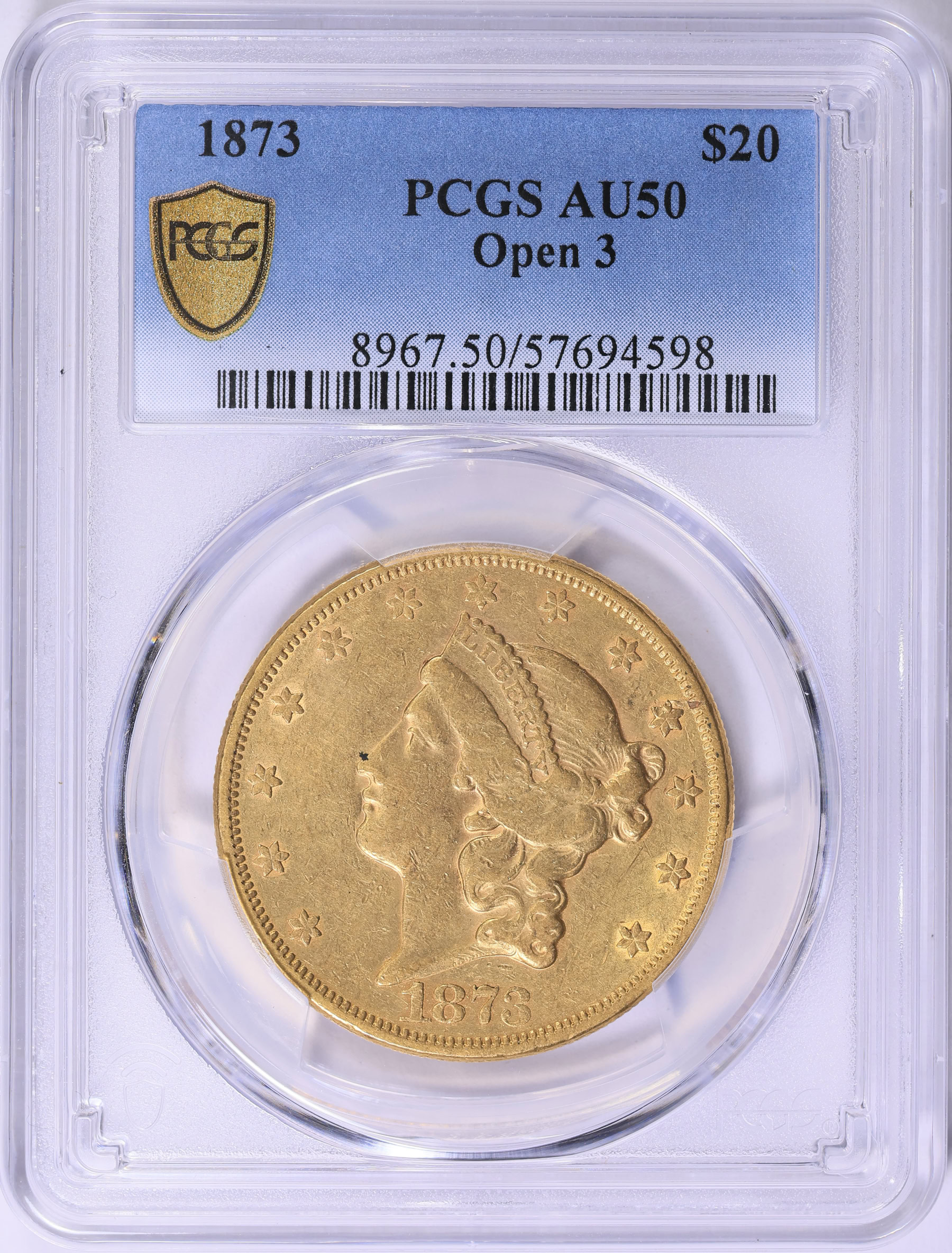 1873 Liberty Gold Double Eagle Open 3 PCGS AU-50 (Item 1872477) | GreatCollections Coin Auctions