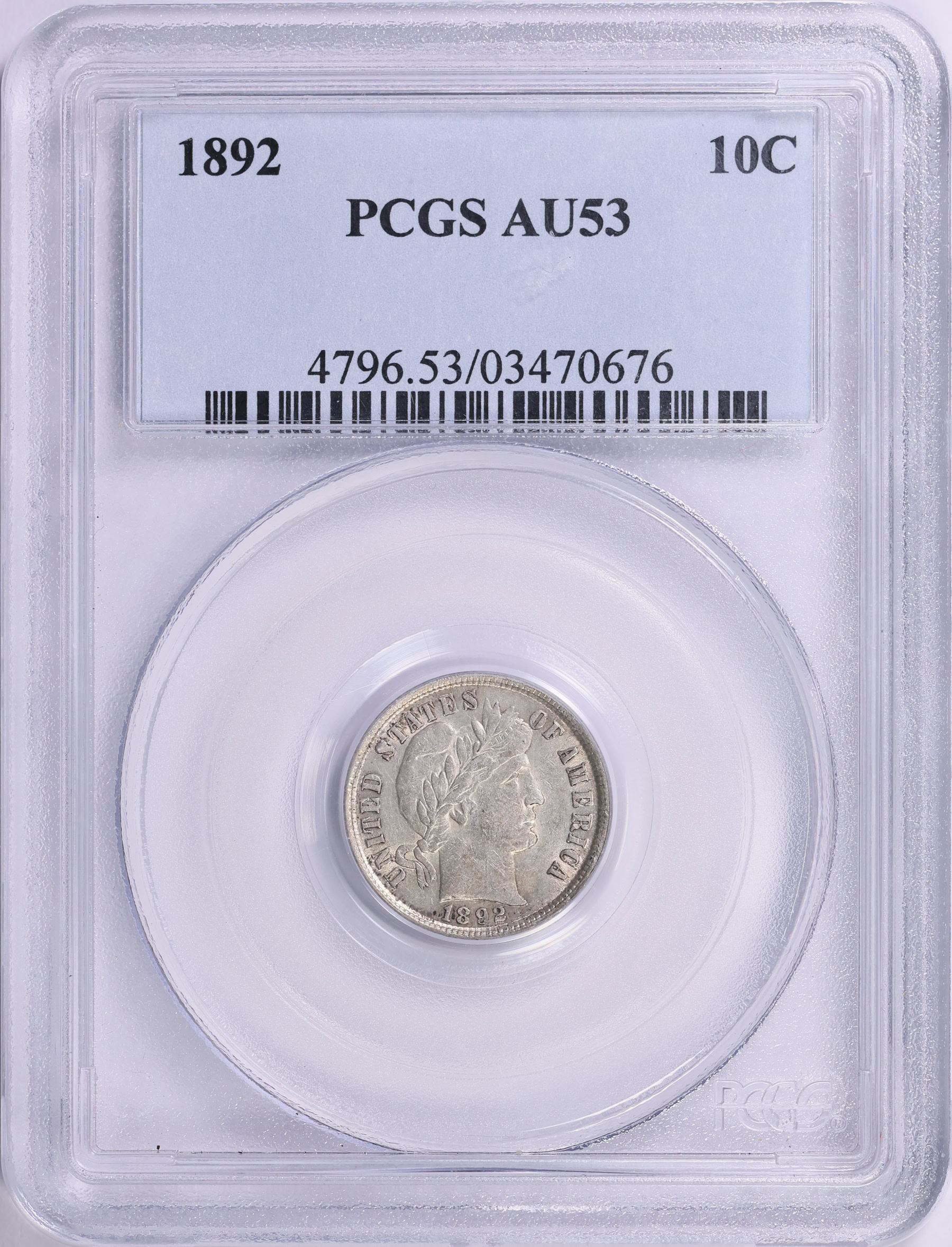 1892 Barber Dime PCGS AU-53 (Item 1872529) | GreatCollections Coin Auctions