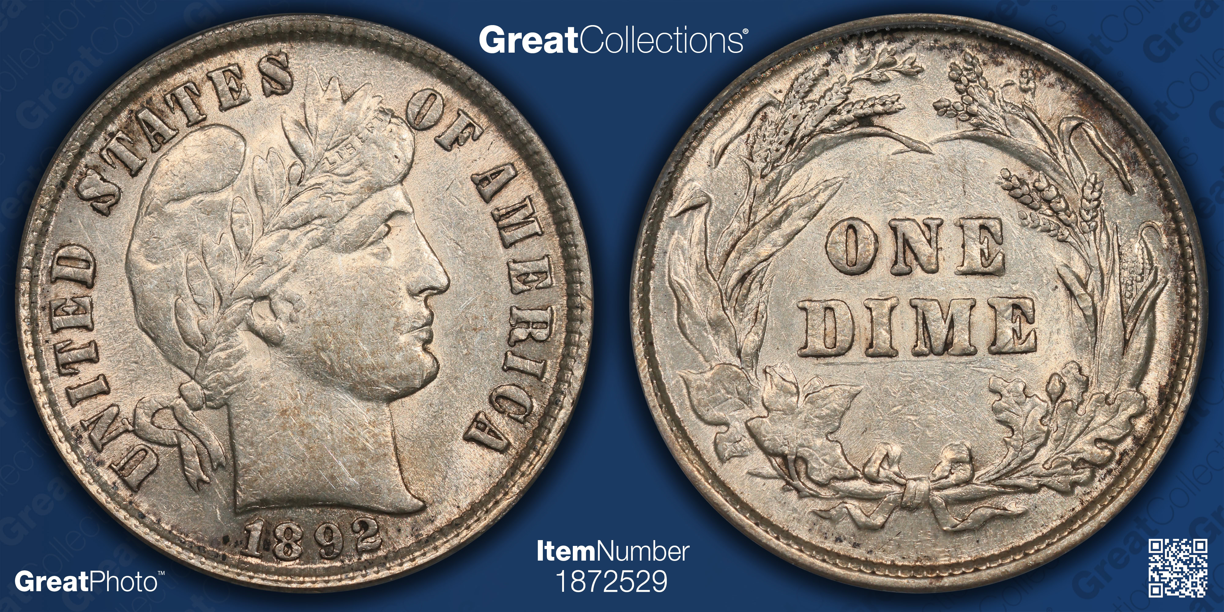 1892 Barber Dime PCGS AU-53 (Item 1872529) | GreatCollections Coin Auctions