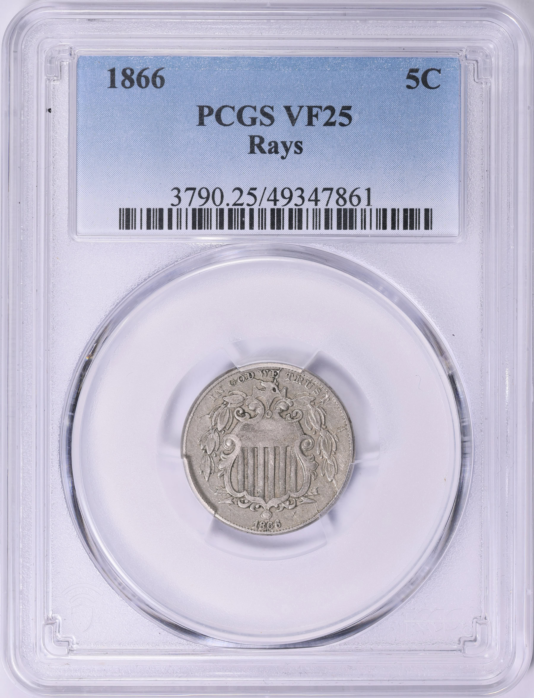 1866 Shield Nickel Rays PCGS VF-25 (Item 1872671) | GreatCollections Coin Auctions