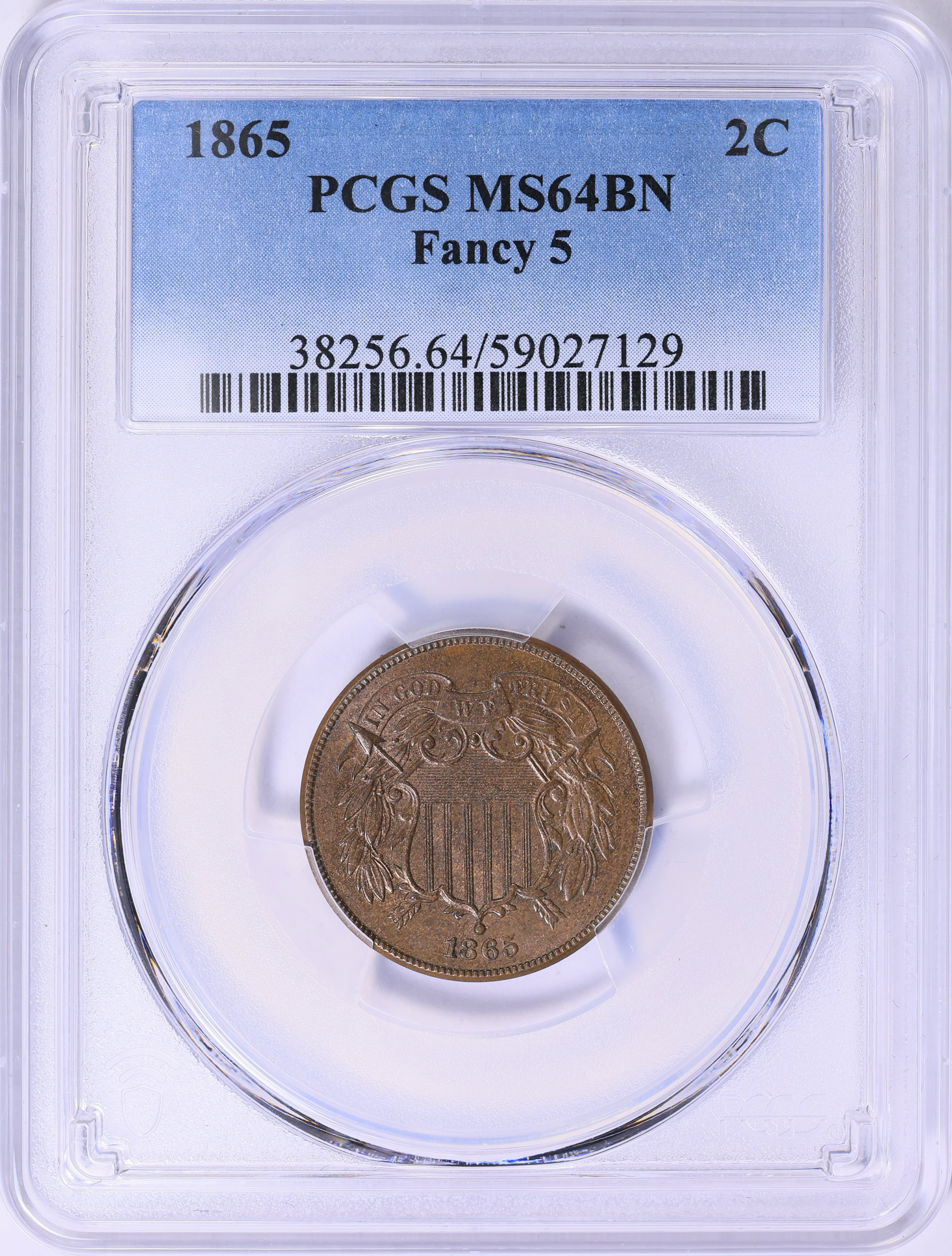1865 Two-Cent Piece Fancy 5 PCGS MS-64 BN (Item 1872672) | GreatCollections Coin Auctions