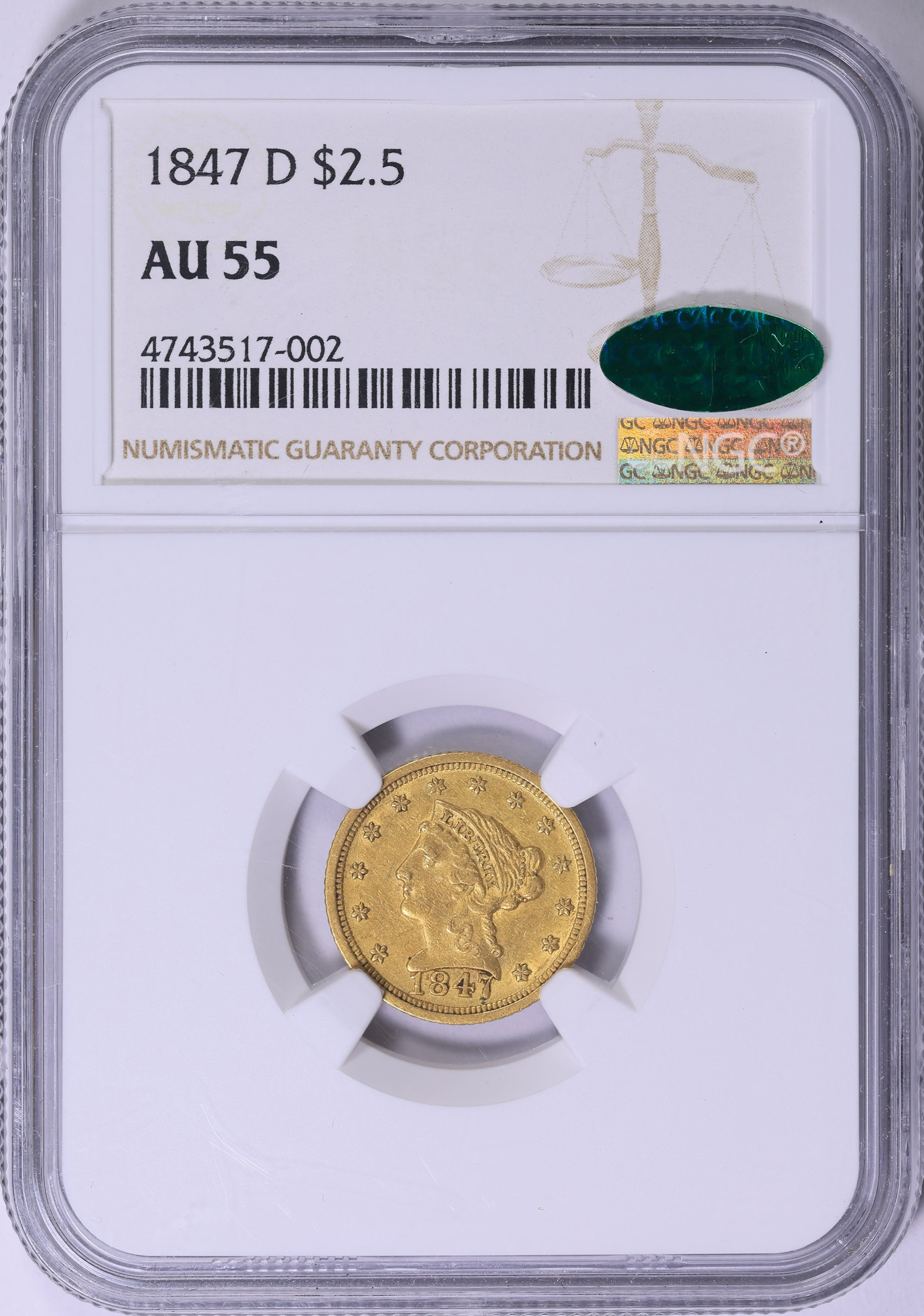 1847-D Liberty Gold Quarter Eagle NGC AU-55 (CAC Green) (Item 1872675 ...