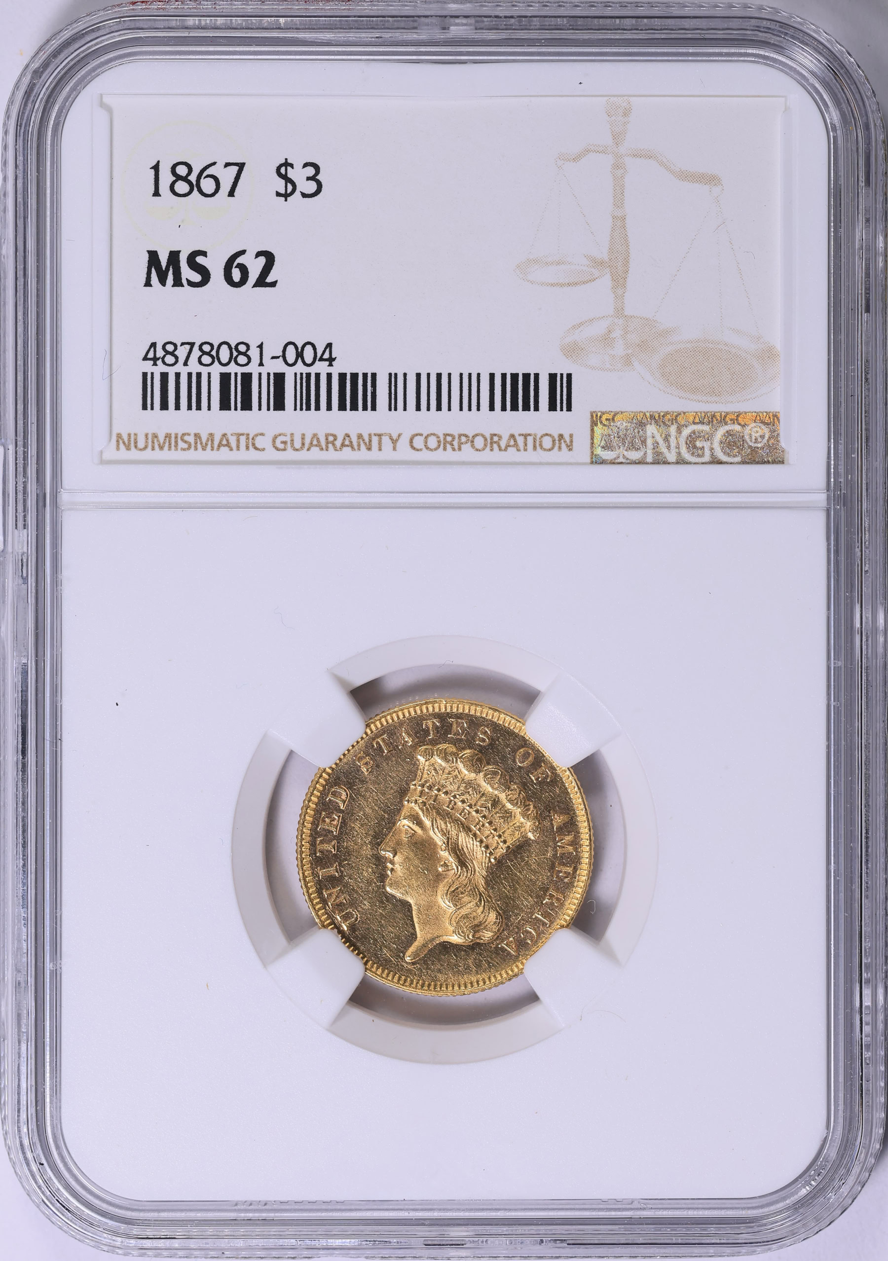 1867 Three-Dollar Gold Piece NGC MS-62 (Item 1872676 ...