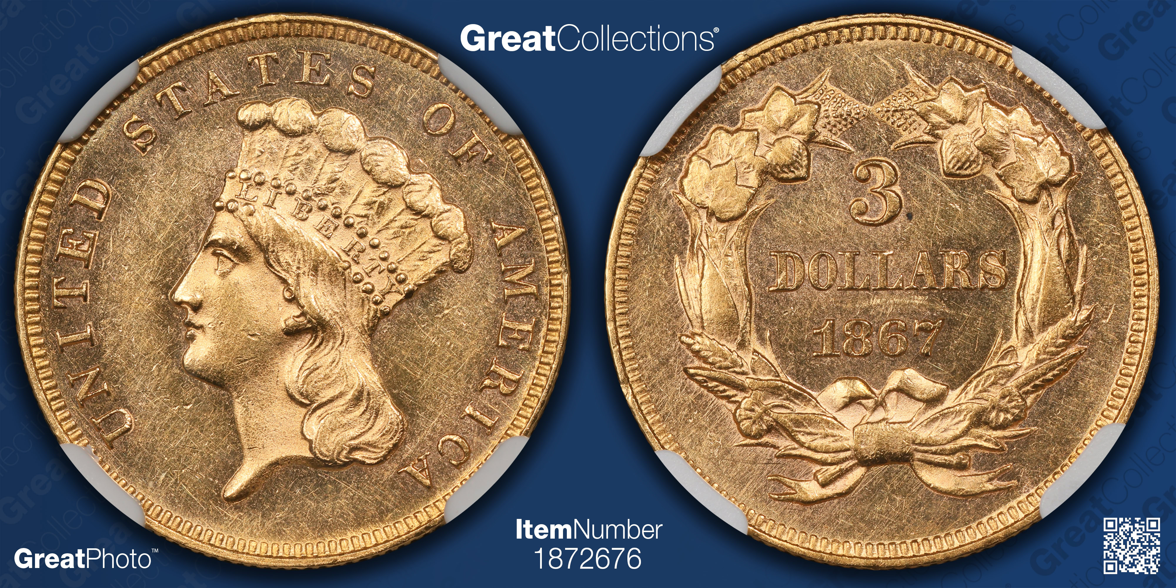 1867 Three-Dollar Gold Piece NGC MS-62 (Item 1872676 ...