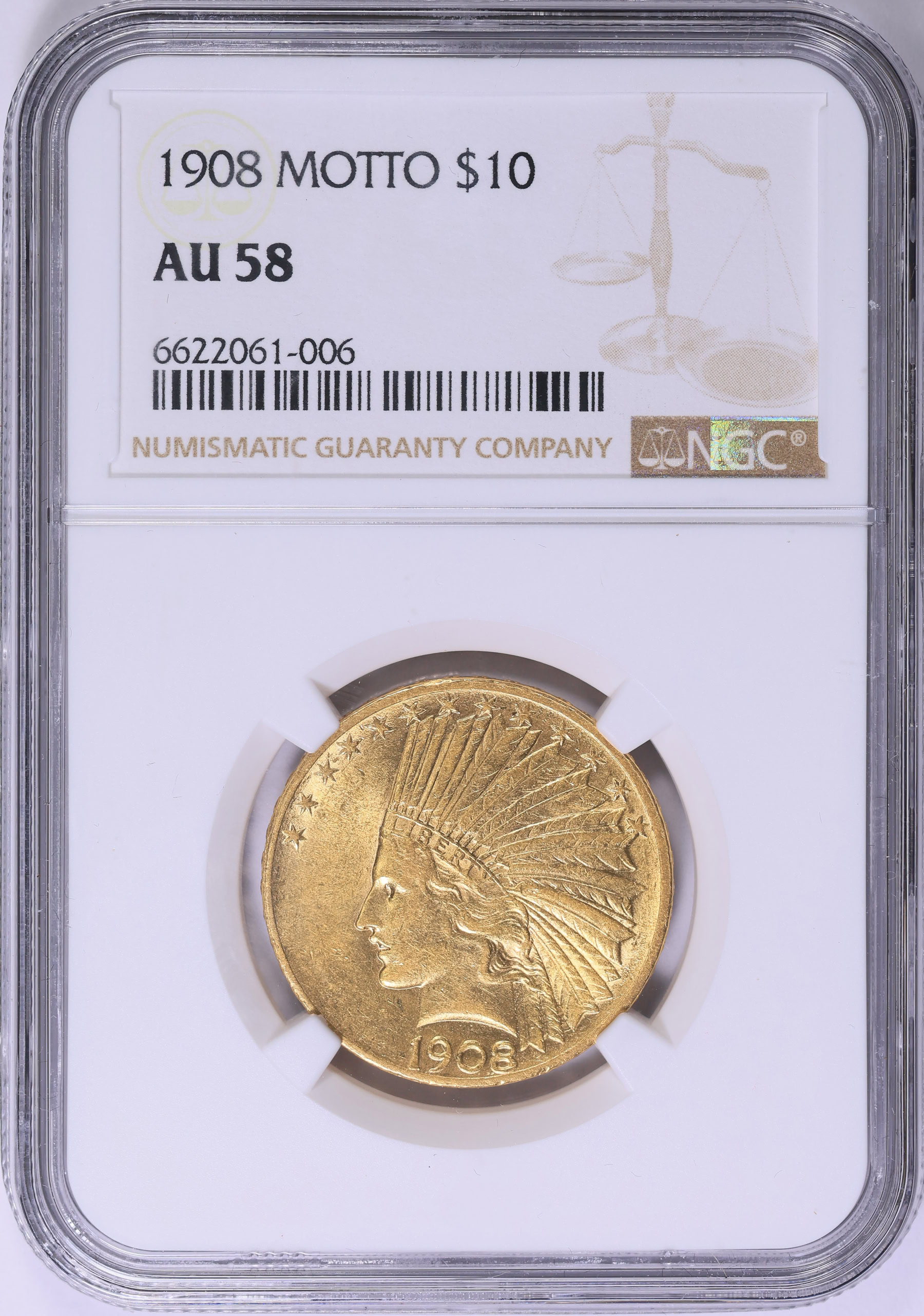 1908 Indian Gold Eagle Motto NGC AU-58 (Item 1872687) | GreatCollections Coin Auctions