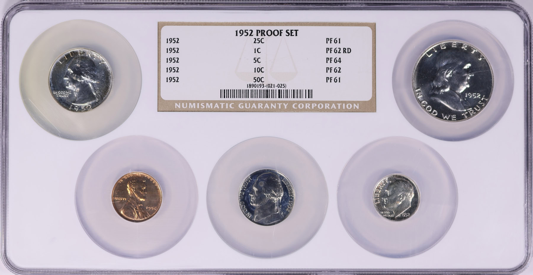 1952 1c-50c Proof Set NGC Proof-61/62/64 (5 Coins, MultiCoin Holder ...