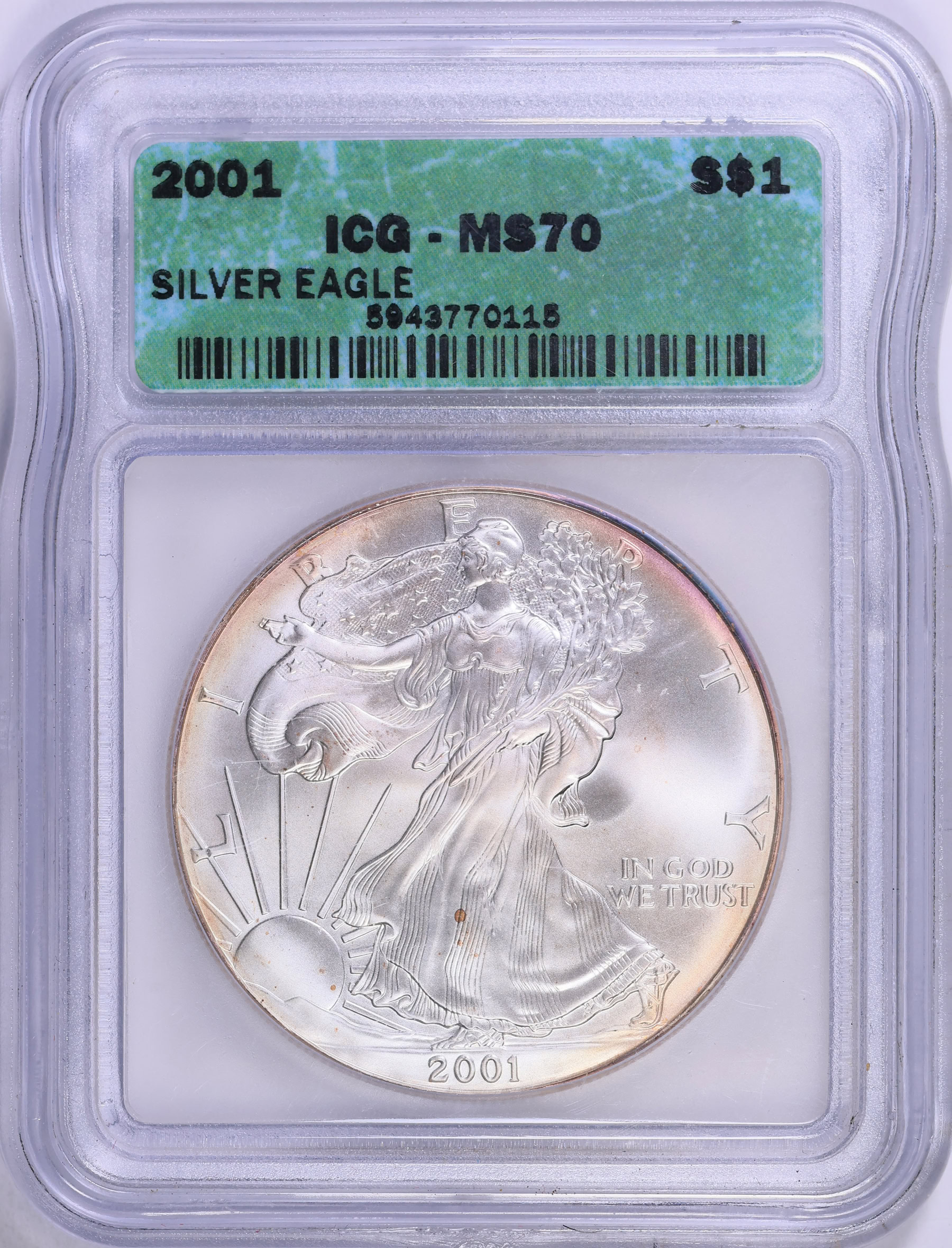 2001 $1 Silver Eagle ICG MS-70 (Toned) (Item 1873045) | GreatCollections Coin Auctions