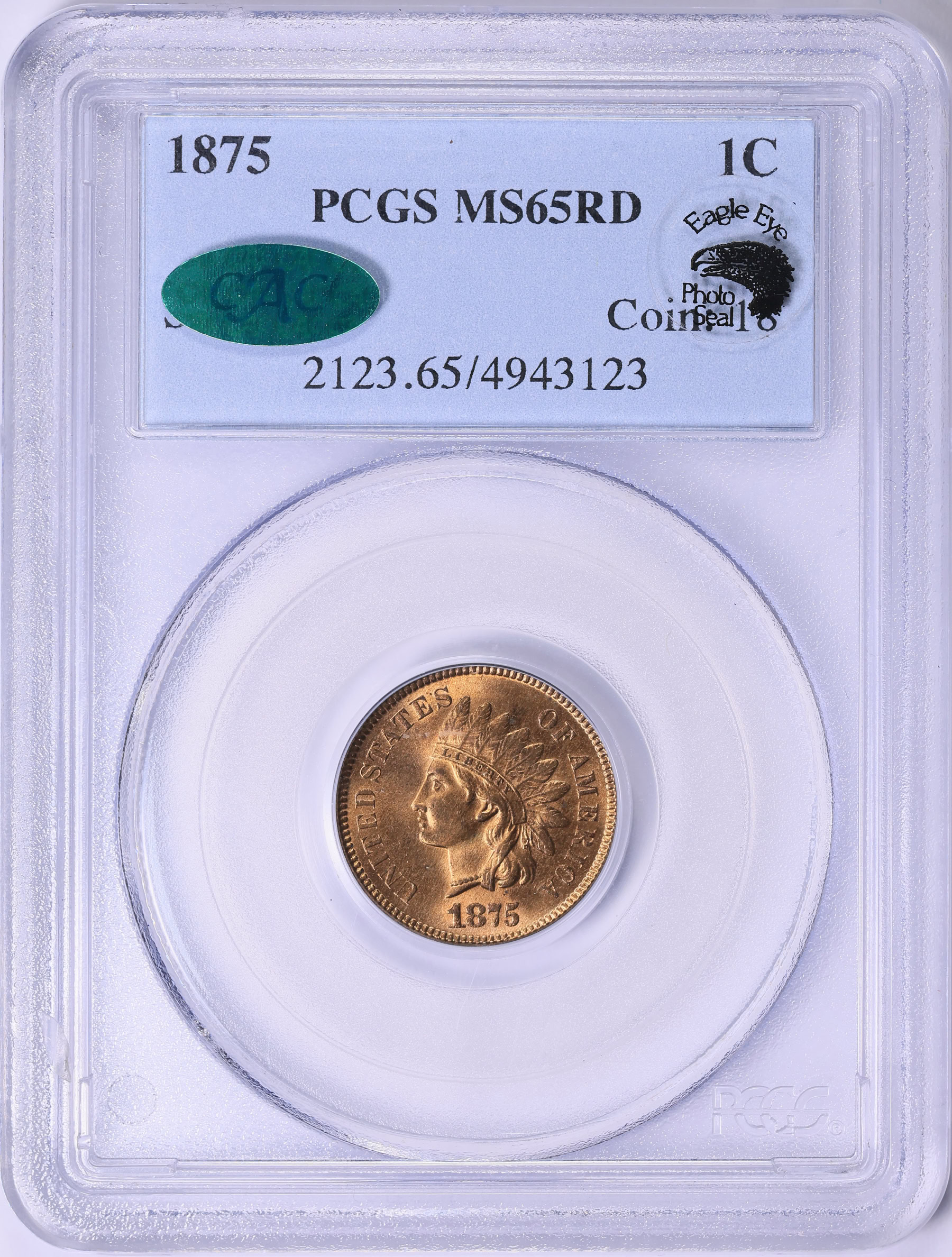 1875 Indian Cent PCGS MS-65 RD (CAC Green) (Eagle Eye Seal) (Item 1873179) | GreatCollections ...