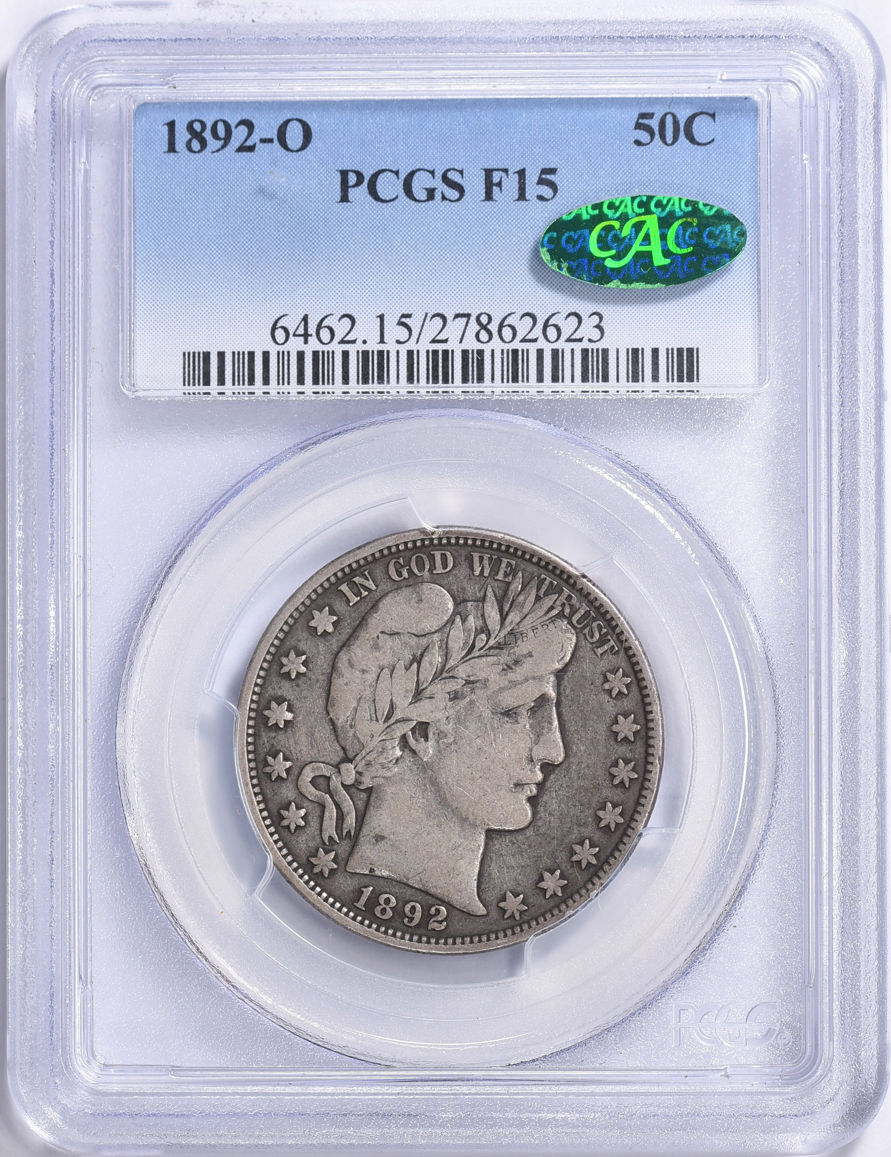 1892-O Barber Half Dollar PCGS F-15 (CAC Green) (Item 1873190) | GreatCollections Coin Auctions