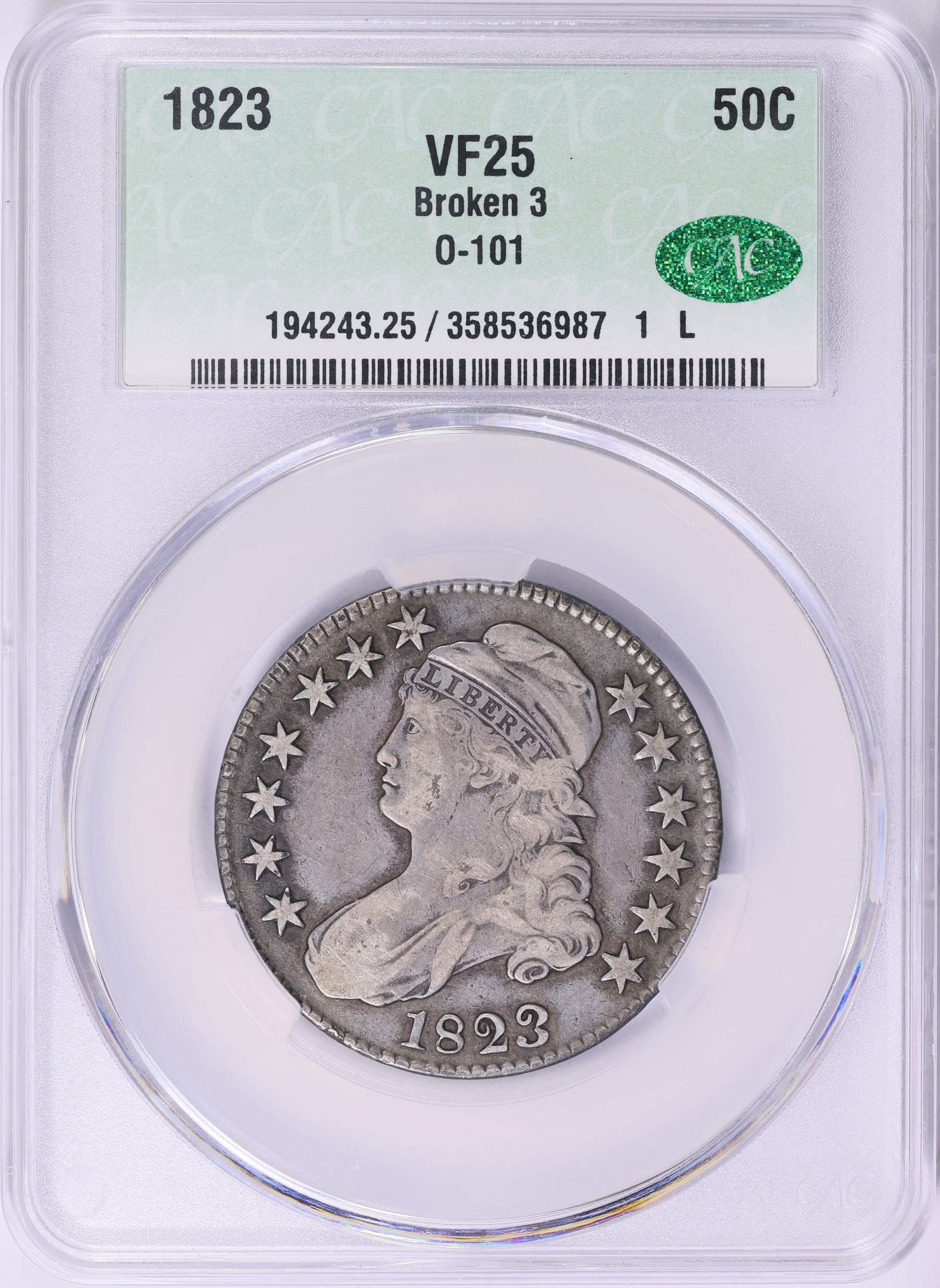 1823 Capped Bust Half Dollar Broken 3 Overton 101 CACG VF-25 (Item ...