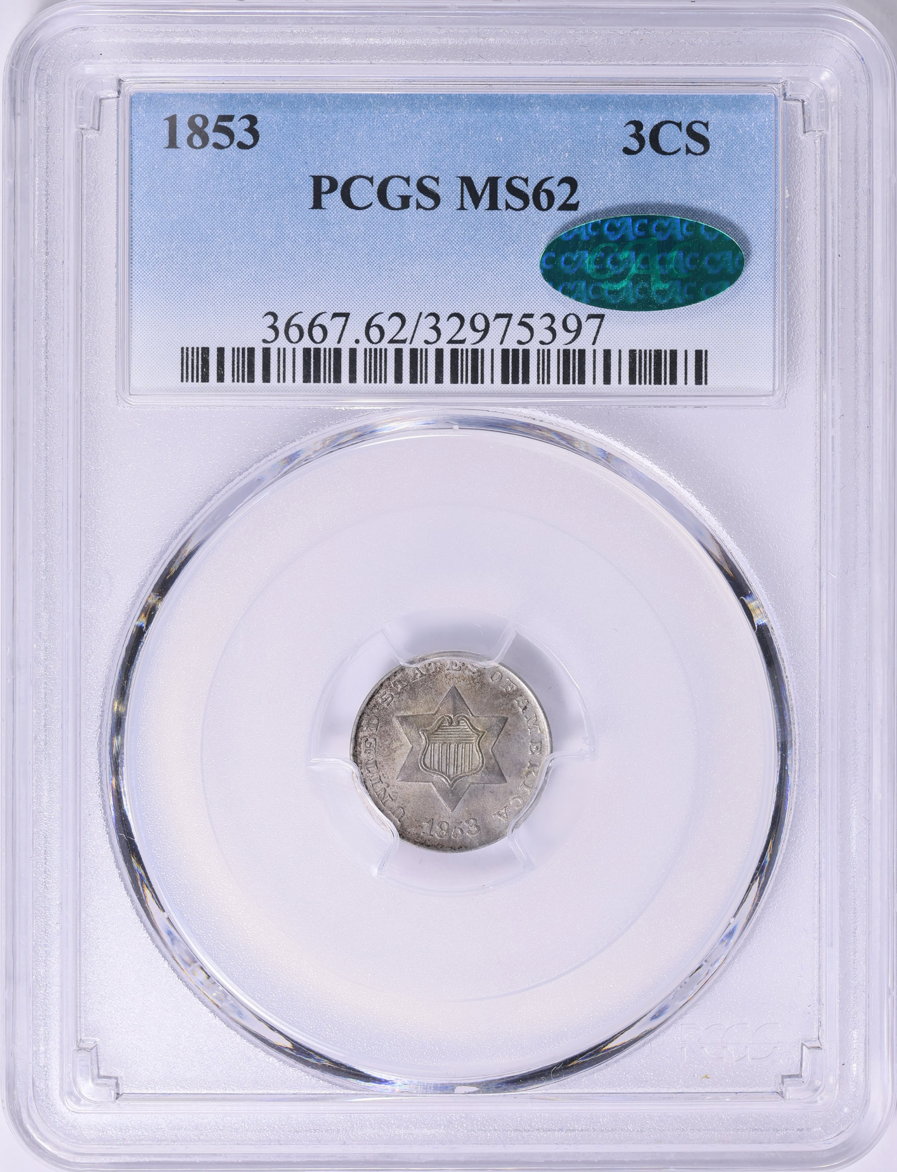 1853 Silver Three-Cent Piece PCGS MS-62 (CAC Green) (Item 1873207 ...