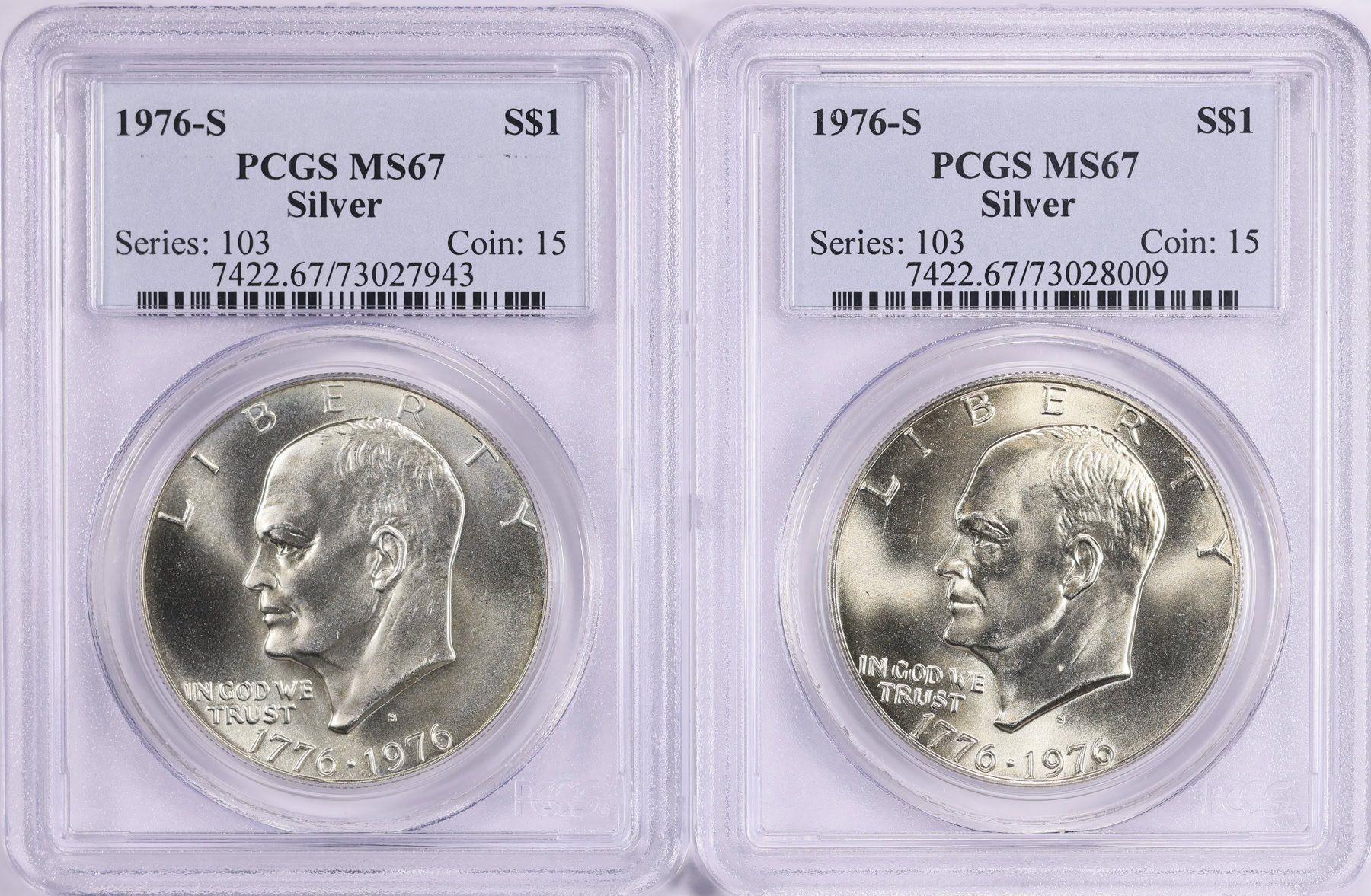 1976-S Eisenhower Dollar Silver PCGS MS-67 (2 Coins) (Item 1873249) | GreatCollections Coin Auctions