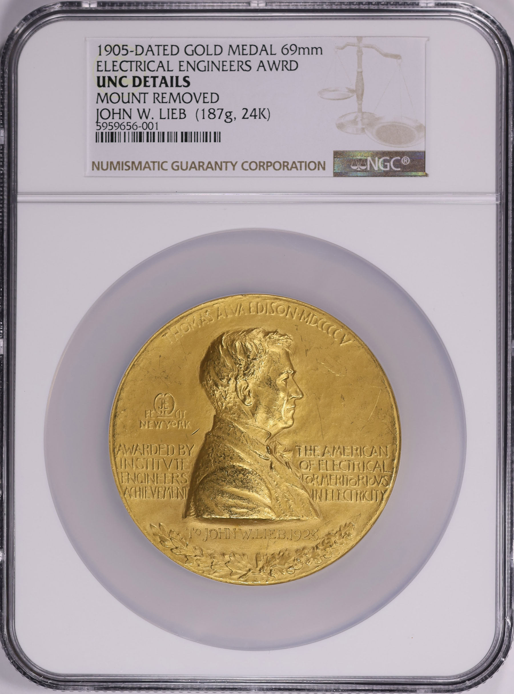 1905-Dated Gold 69mm American Institute of Electrical Engineers Edison ...