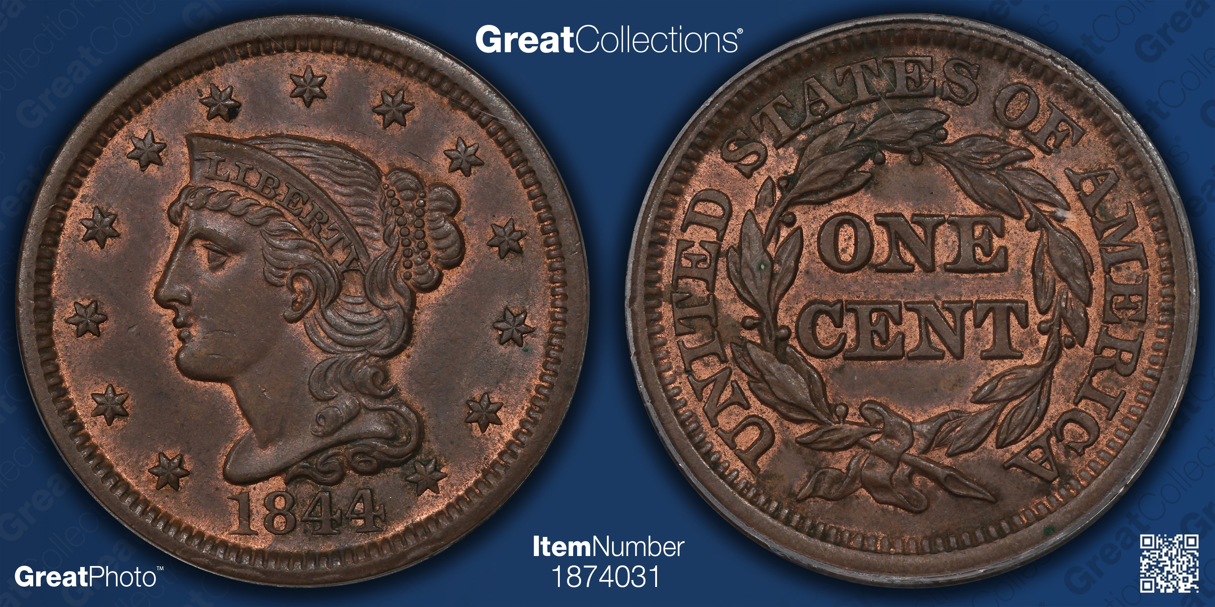 1844 Braided Hair Cent Newcomb 1 PCGS MS-63 BN (Item 1874031 ...