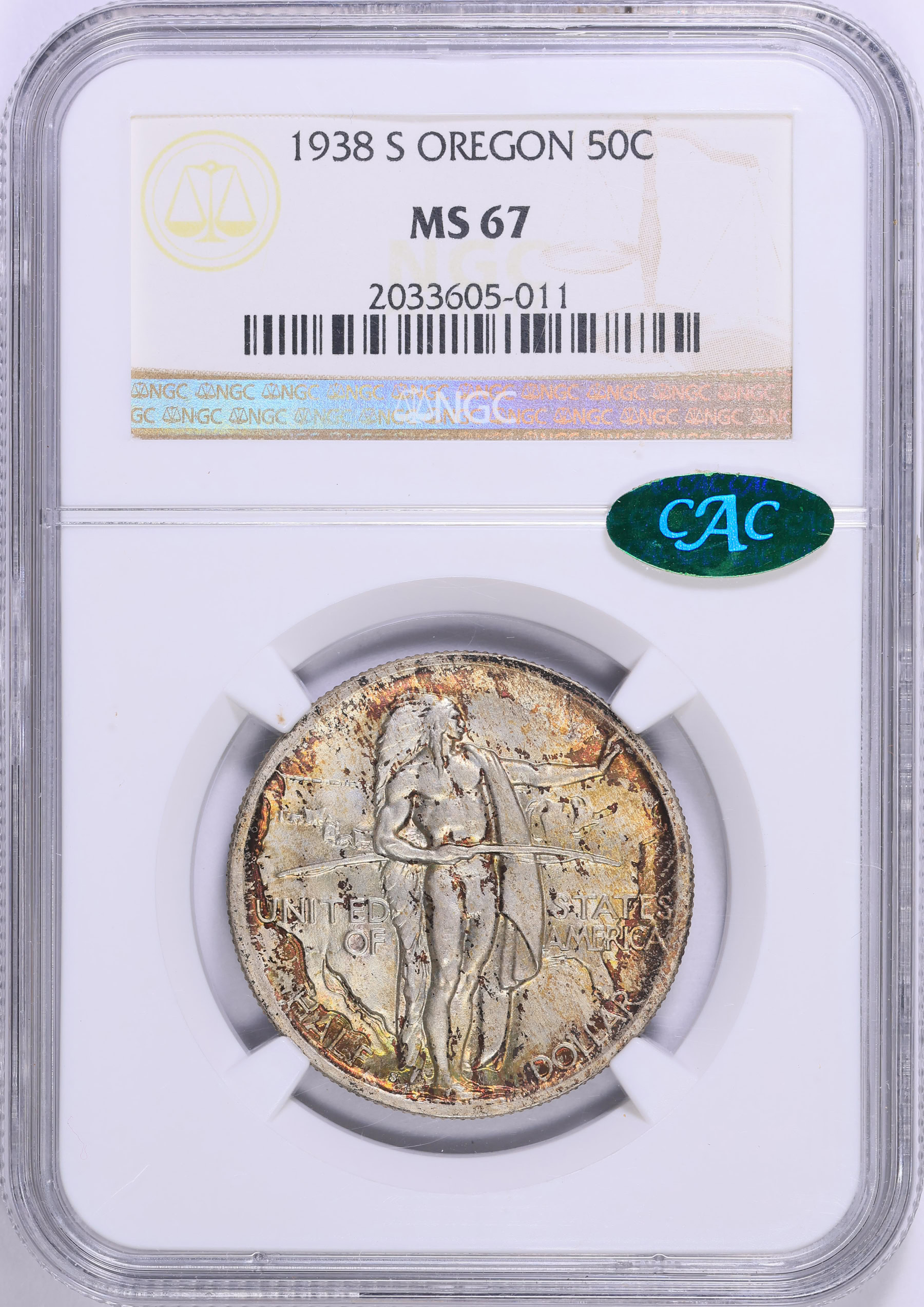 1938-S Oregon Trail Memorial Half Dollar NGC MS-67 (CAC Green) (Toned) (Item 1874224 ...