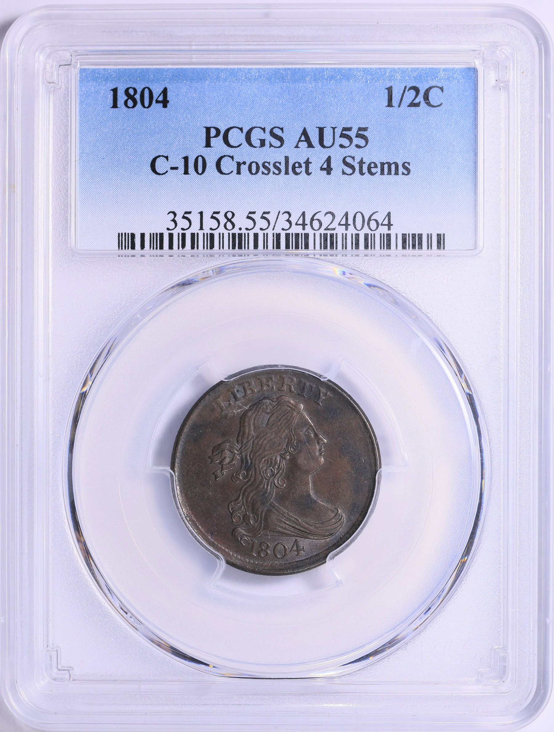 1804 Draped Bust Half Cent Crosslet 4, Stems Cohen 10 PCGS AU-55 BN ...