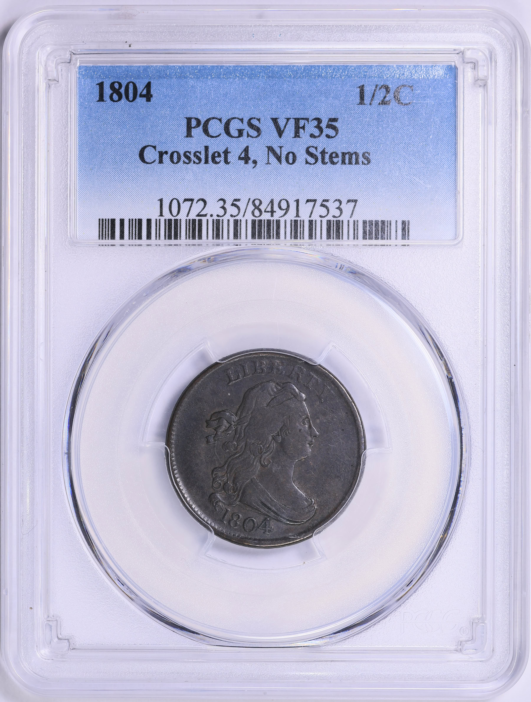 1804 Draped Bust Half Cent Crosslet 4, No Stems PCGS VF-35 BN (Item ...