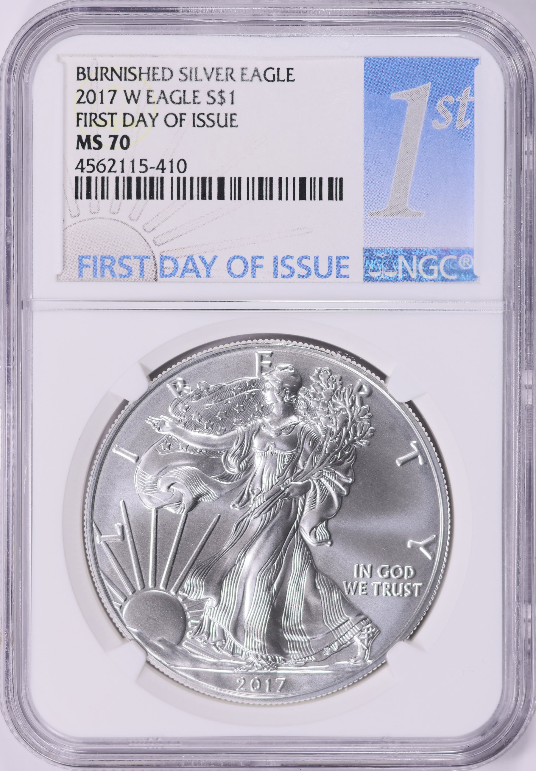 2017-W $1 Silver Eagle Burnished First Day of Issue NGC MS-70 (Item 1874389) | GreatCollections ...