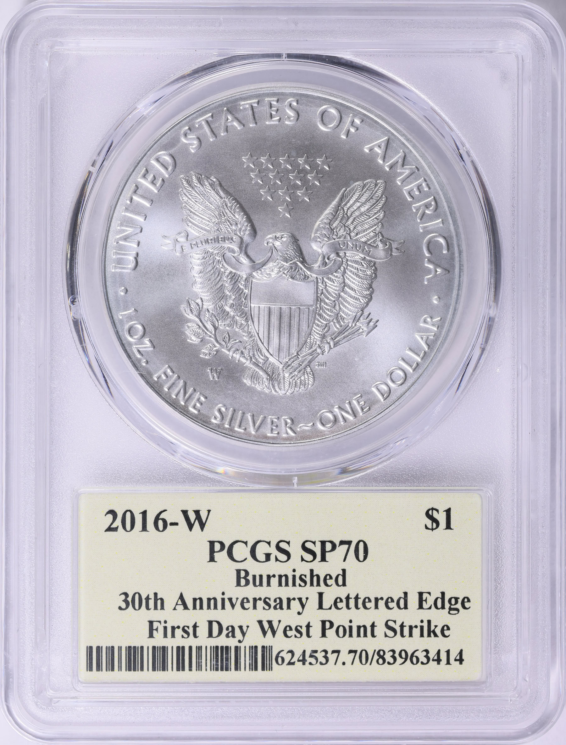2016-W $1 Silver Eagle Burnished 30th Anniversary Lettered Edge First Day of Issue West Point ...