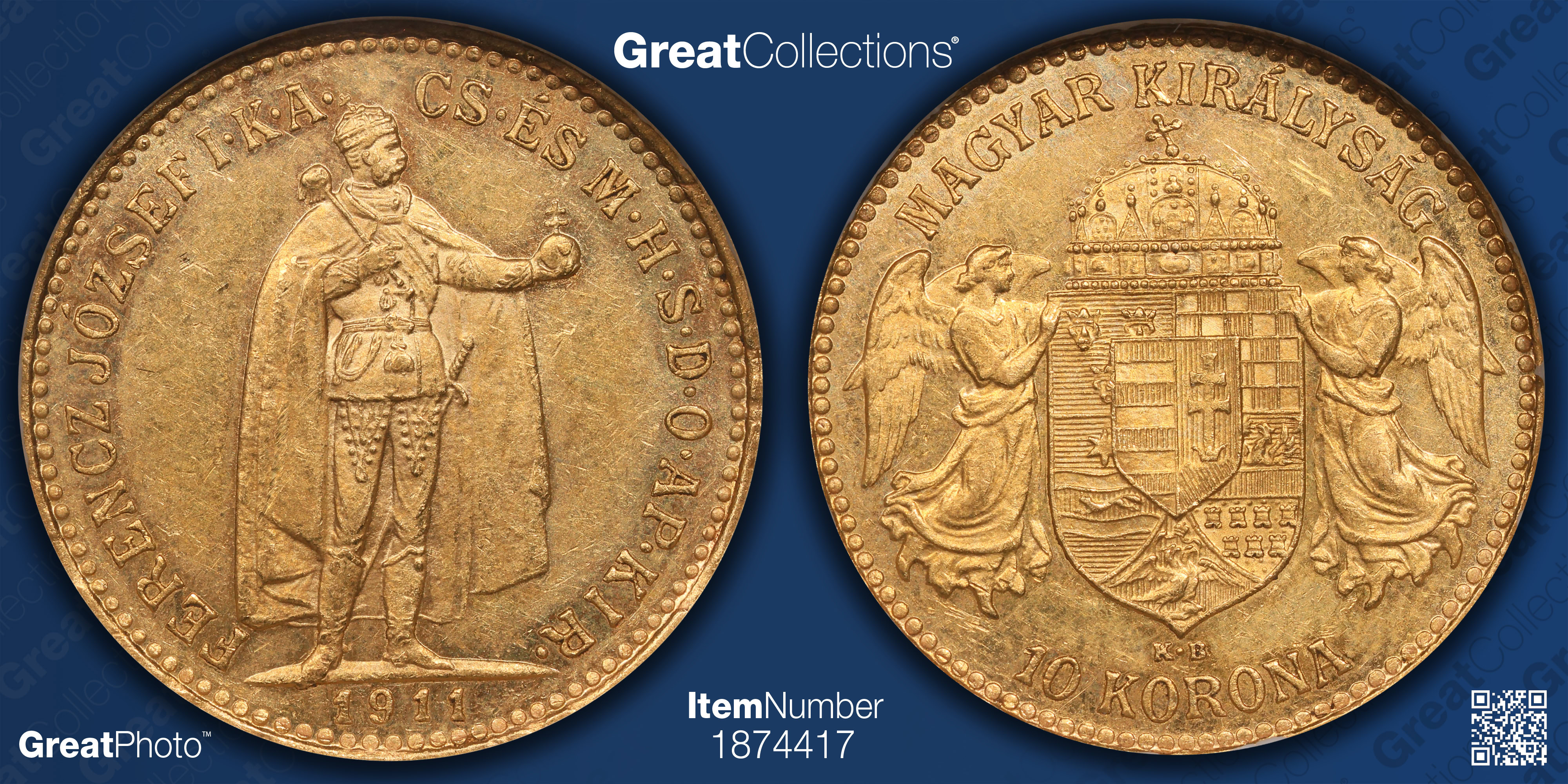 Hungary 1911-KB Gold 10 Korona KM-485 NGC AU-58 (Ex: Eliasberg ...