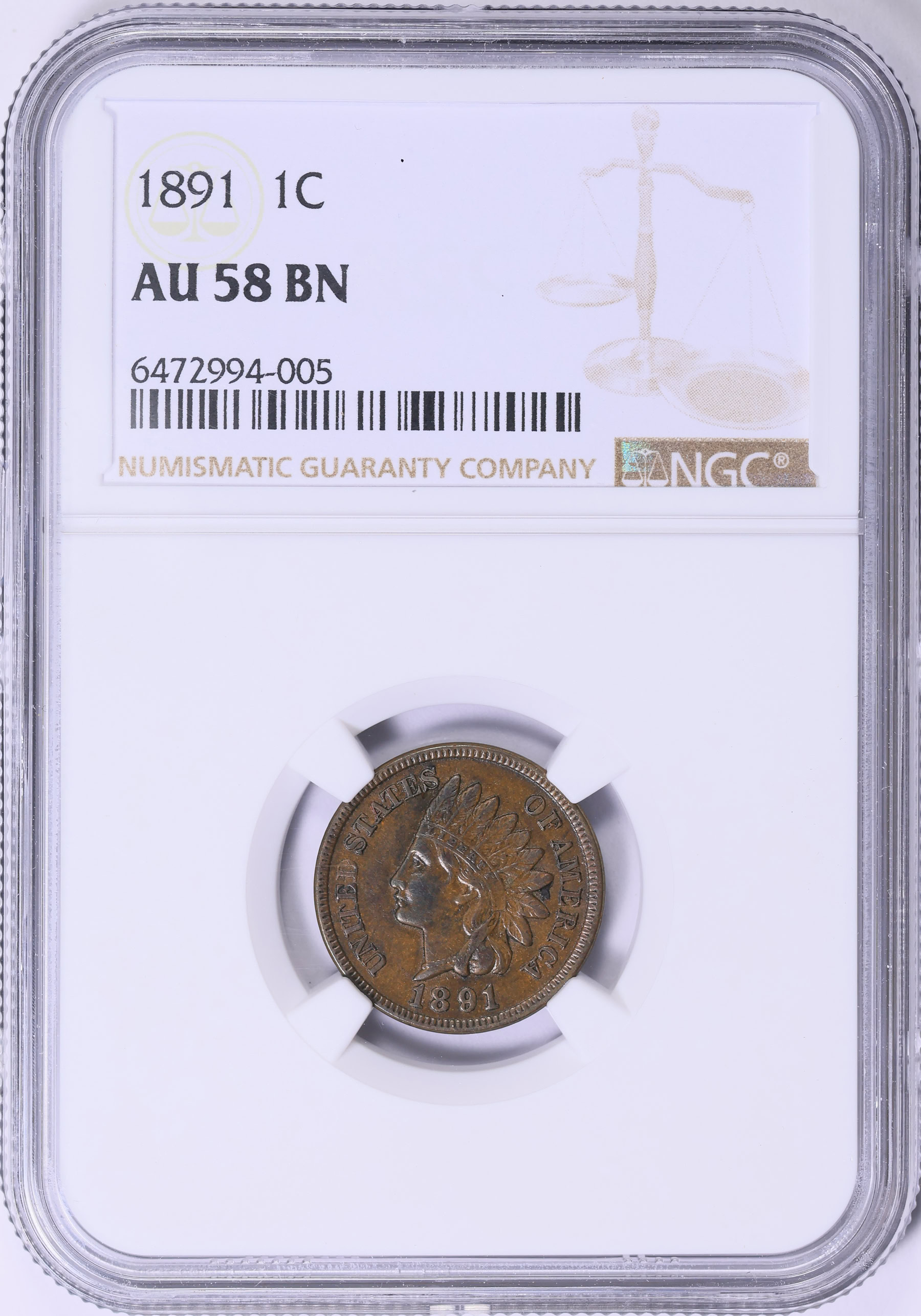 1891 Indian Cent NGC AU-58 BN (Item 1874452) | GreatCollections Coin Auctions