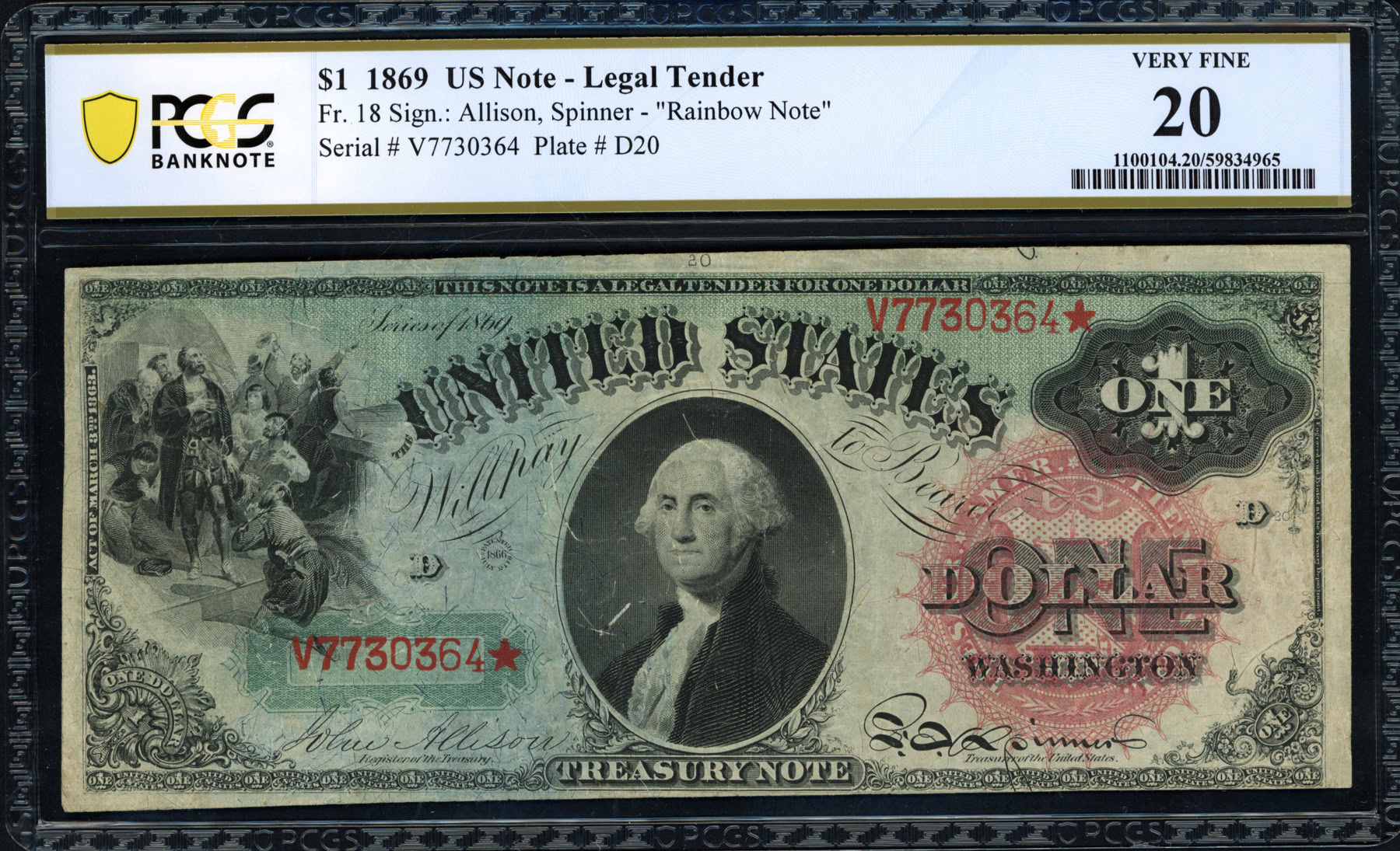 Fr. 18 1869 $1 Legal Tender Note Allison / Spinner PCGS Banknote Very ...