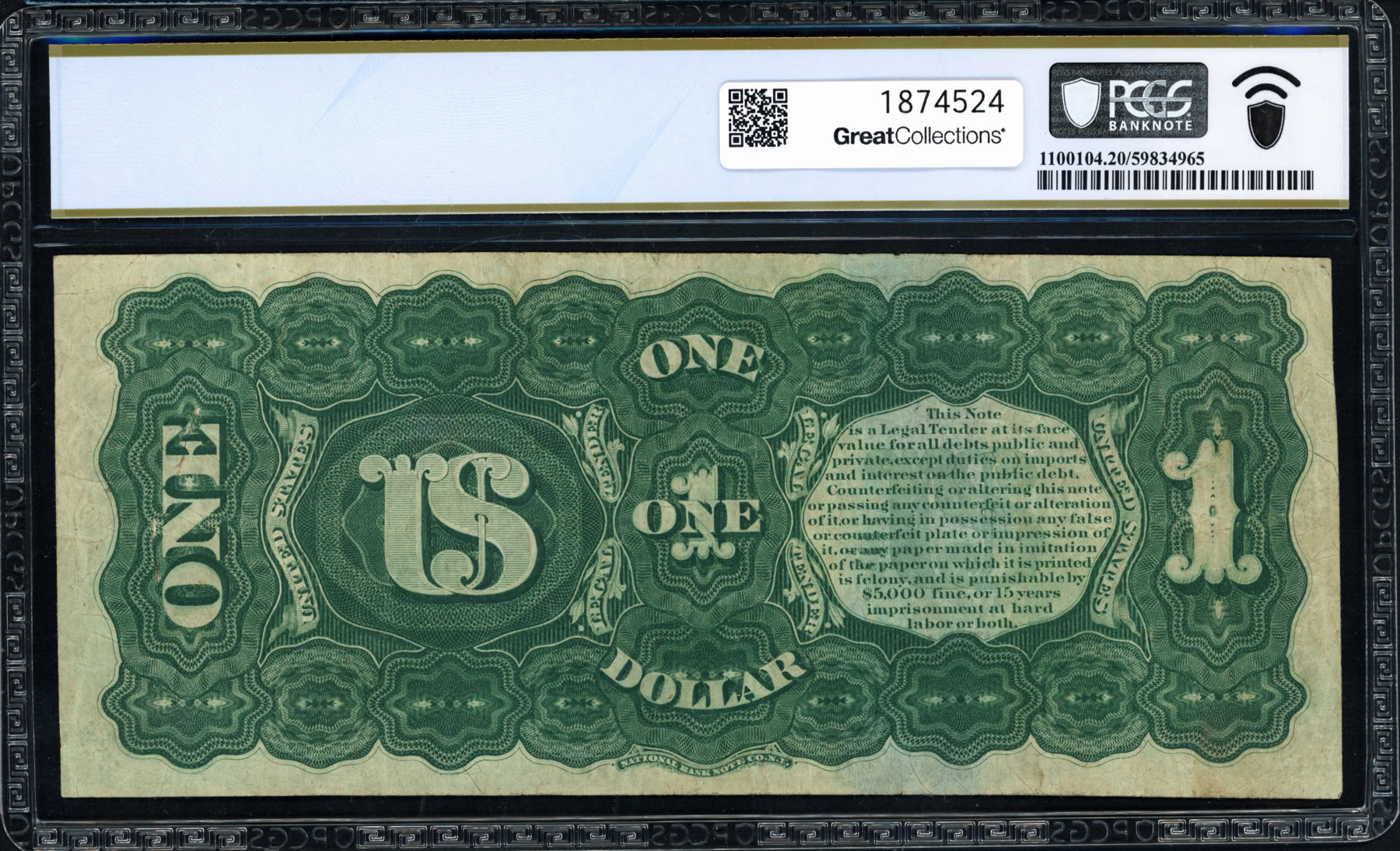 Fr. 18 1869 $1 Legal Tender Note Allison / Spinner PCGS Banknote Very ...