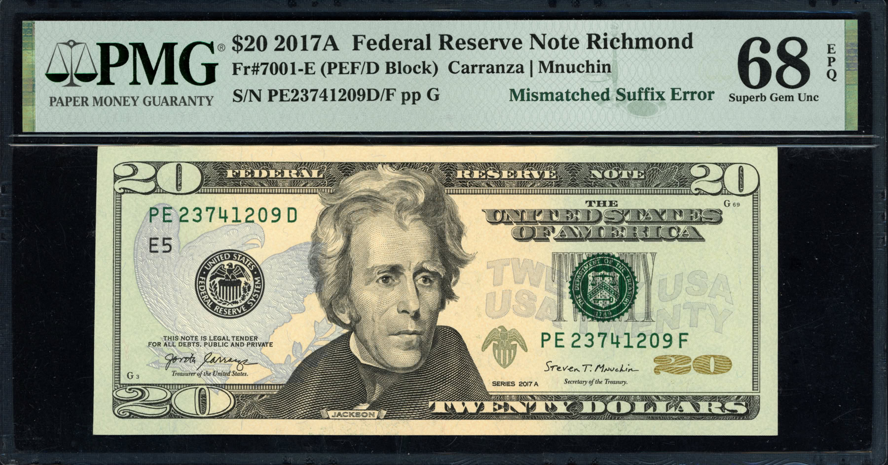 Fr. 7001-E (PED/F Block) 2017A $20 Richmond Federal Reserve Error Note ...