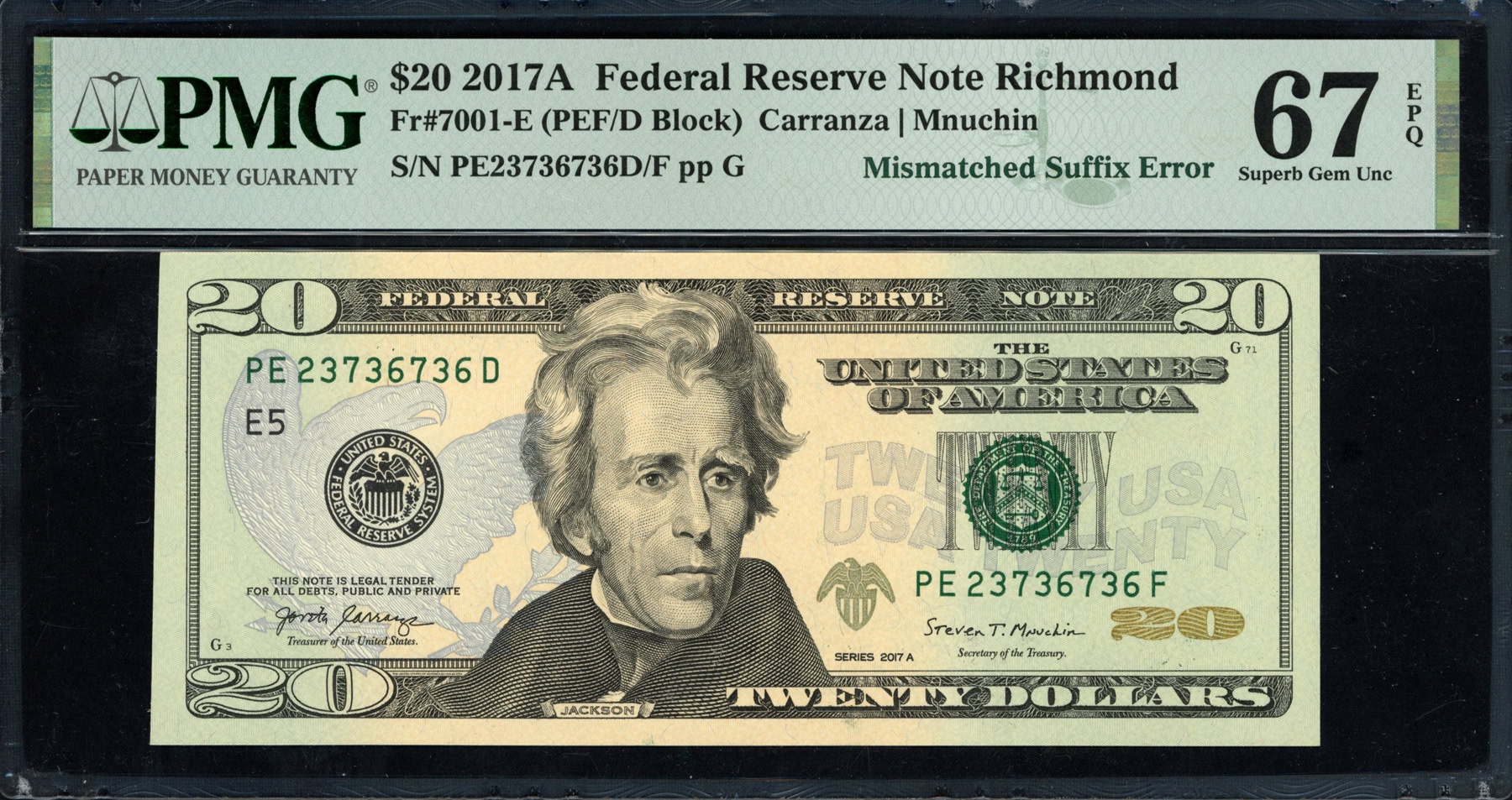 Fr. 7001-E (PED/F Block) 2017A $20 Richmond Federal Reserve Error Note ...