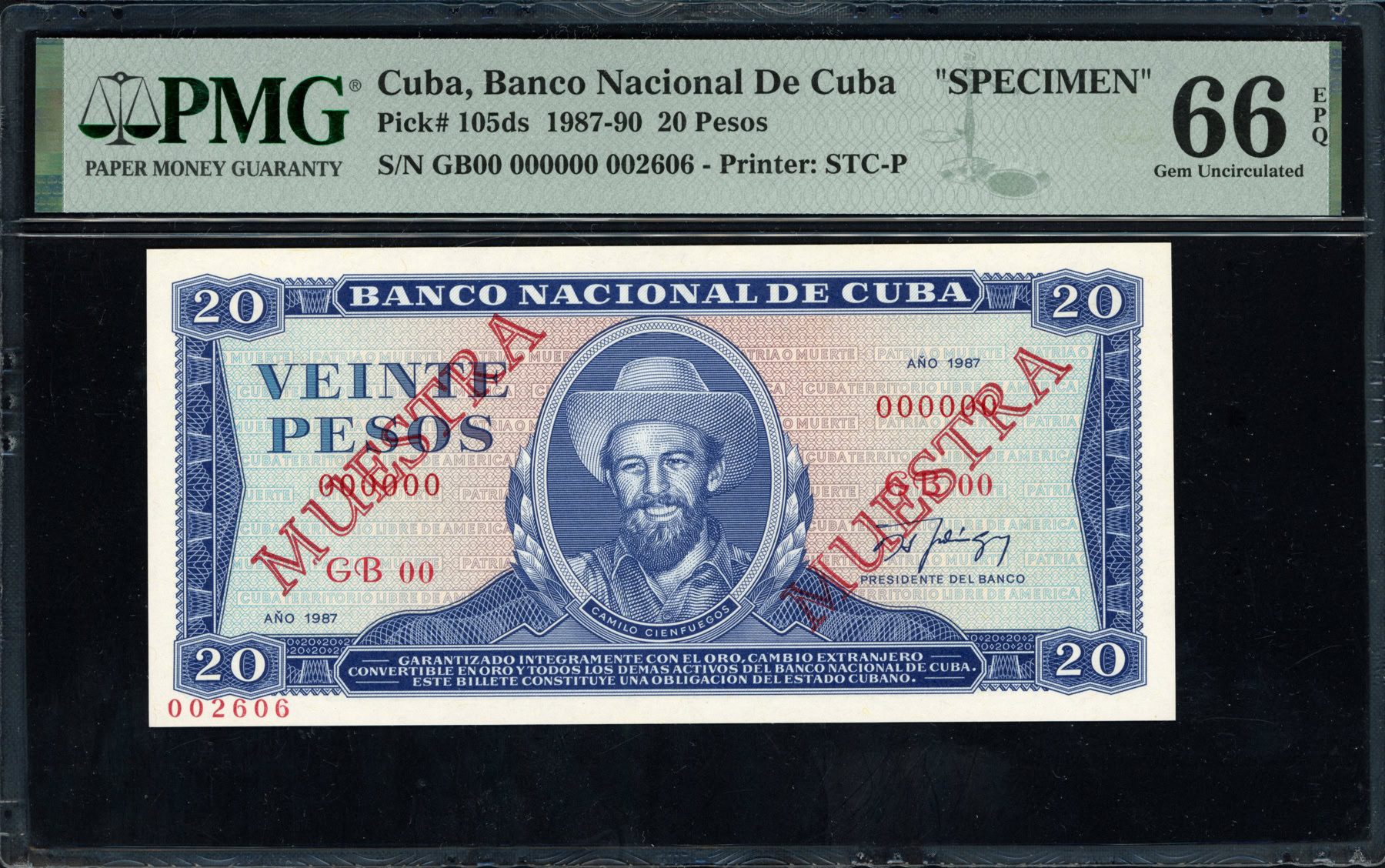 Cuba 1987 20 Pesos Banco Nacional de Cuba Specimen Note SCWPM-105ds PMG ...