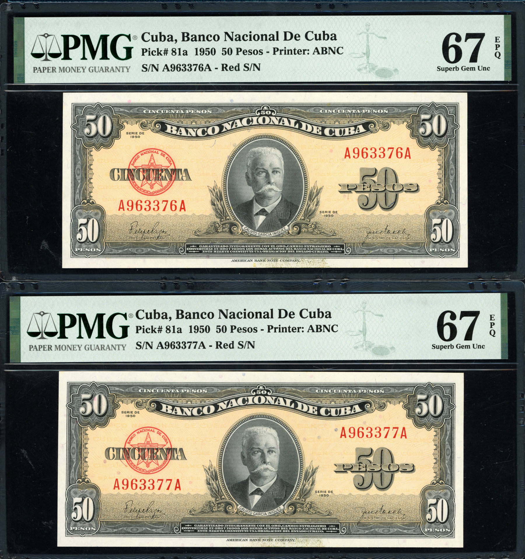 Cuba 1950 50 Pesos Banco Nacional de Cuba Notes *Sequential Serial ...
