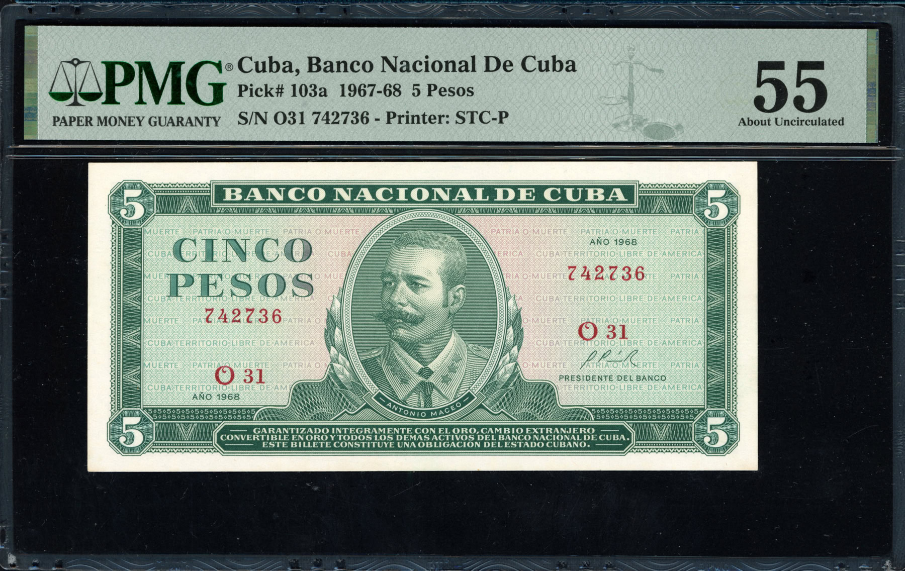 Cuba 1968 5 Pesos Banco Nacional de Cuba Note SCWPM-103a PMG About Uncirculated 55 | PMG Cert ...