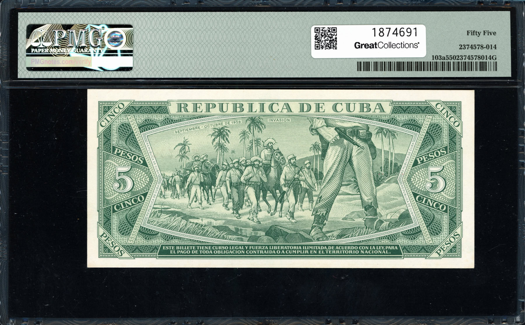Cuba 1968 5 Pesos Banco Nacional de Cuba Note SCWPM-103a PMG About Uncirculated 55 | PMG Cert ...