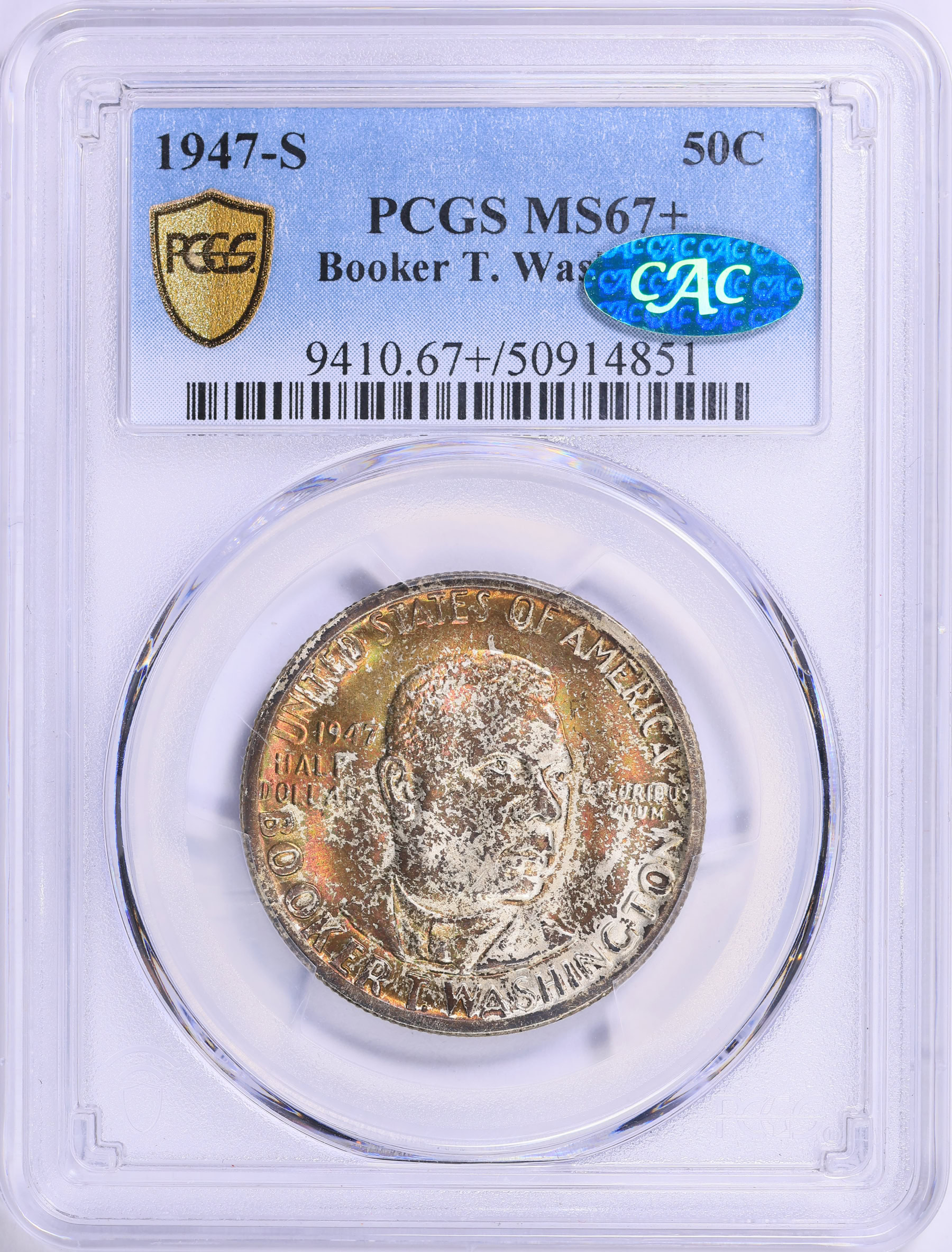 1947-S Booker T. Washington Memorial Half Dollar PCGS MS-67+ (CAC Green) (Toned) (Item 1874708 ...