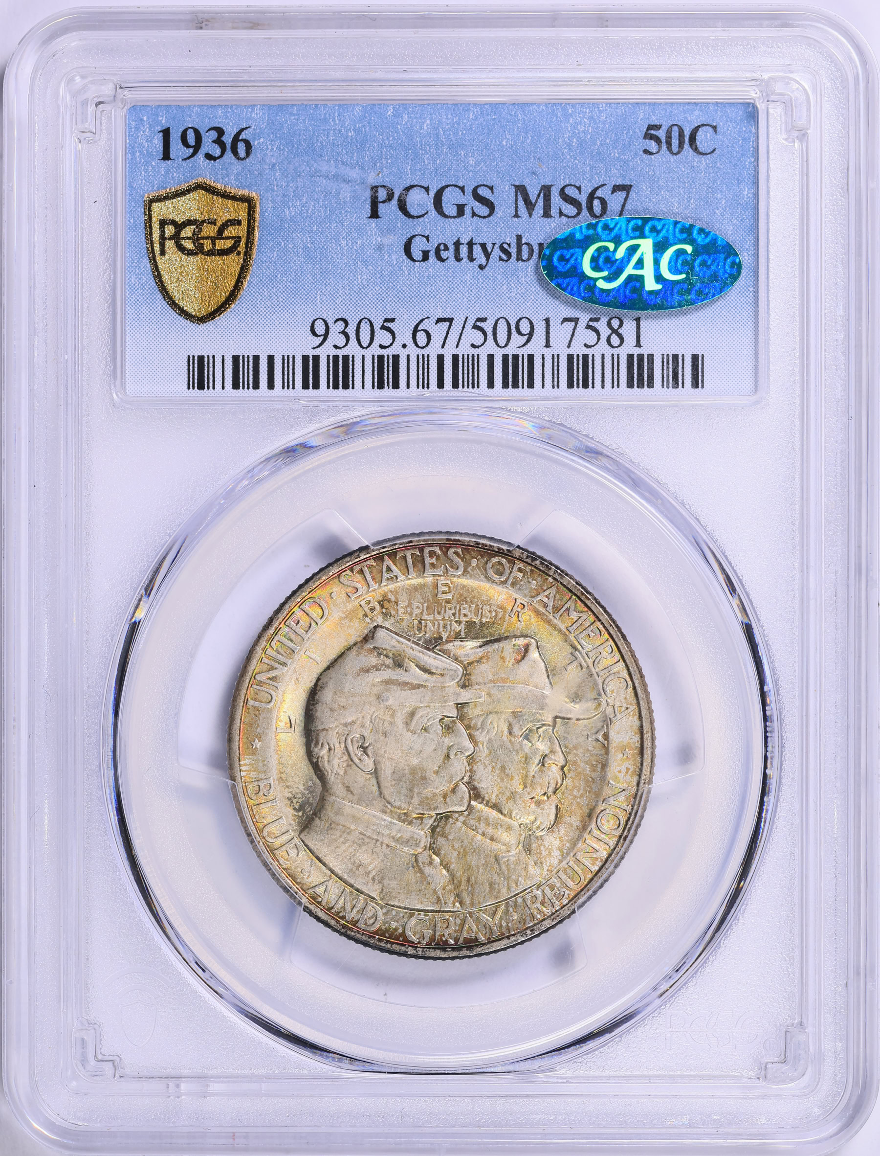 1936 Battle of Gettysburg 75th Anniversary Half Dollar PCGS MS-67 (CAC Green) (Toned) (Item ...