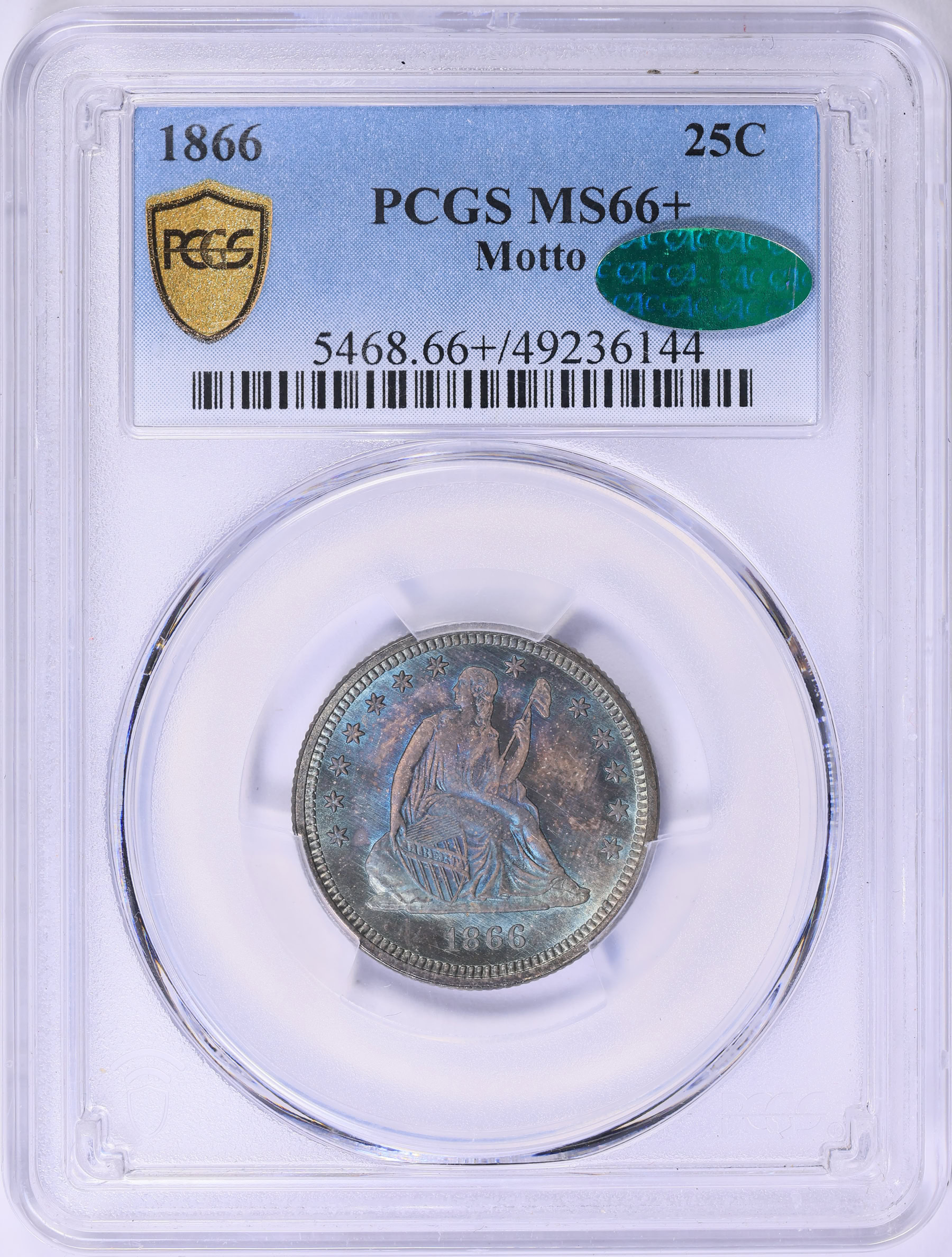 1866 Seated Liberty Quarter Motto PCGS MS-66+ (CAC Green) (Toned) (Item 1874714 ...