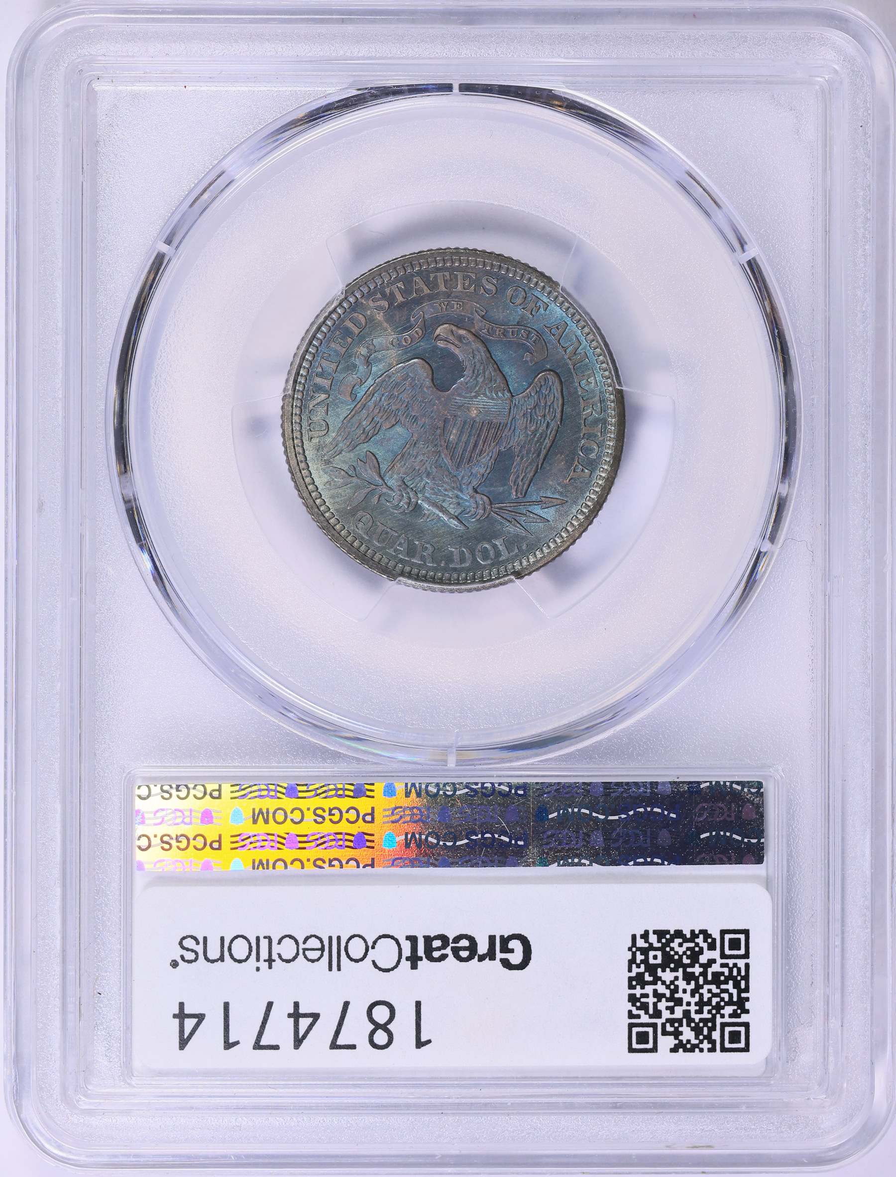 1866 Seated Liberty Quarter Motto PCGS MS-66+ (CAC Green) (Toned) (Item 1874714 ...