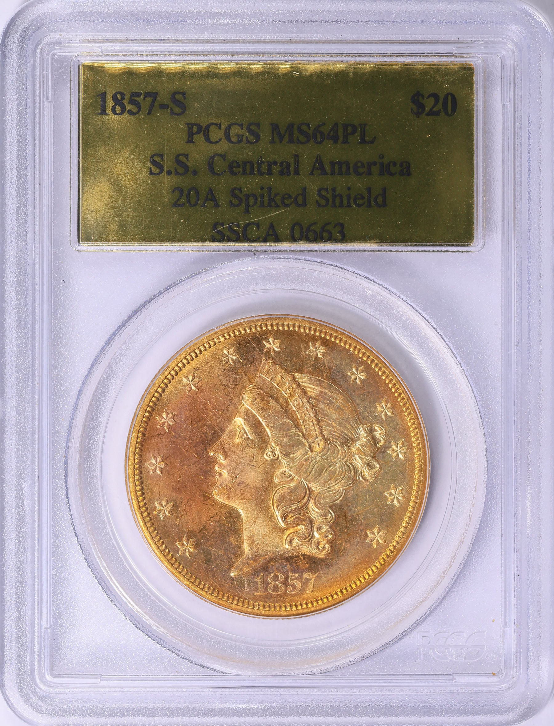 1857-S Liberty Gold Double Eagle 20A Spiked Shield Shipwreck S.S. Central America PCGS MS-64 PL ...