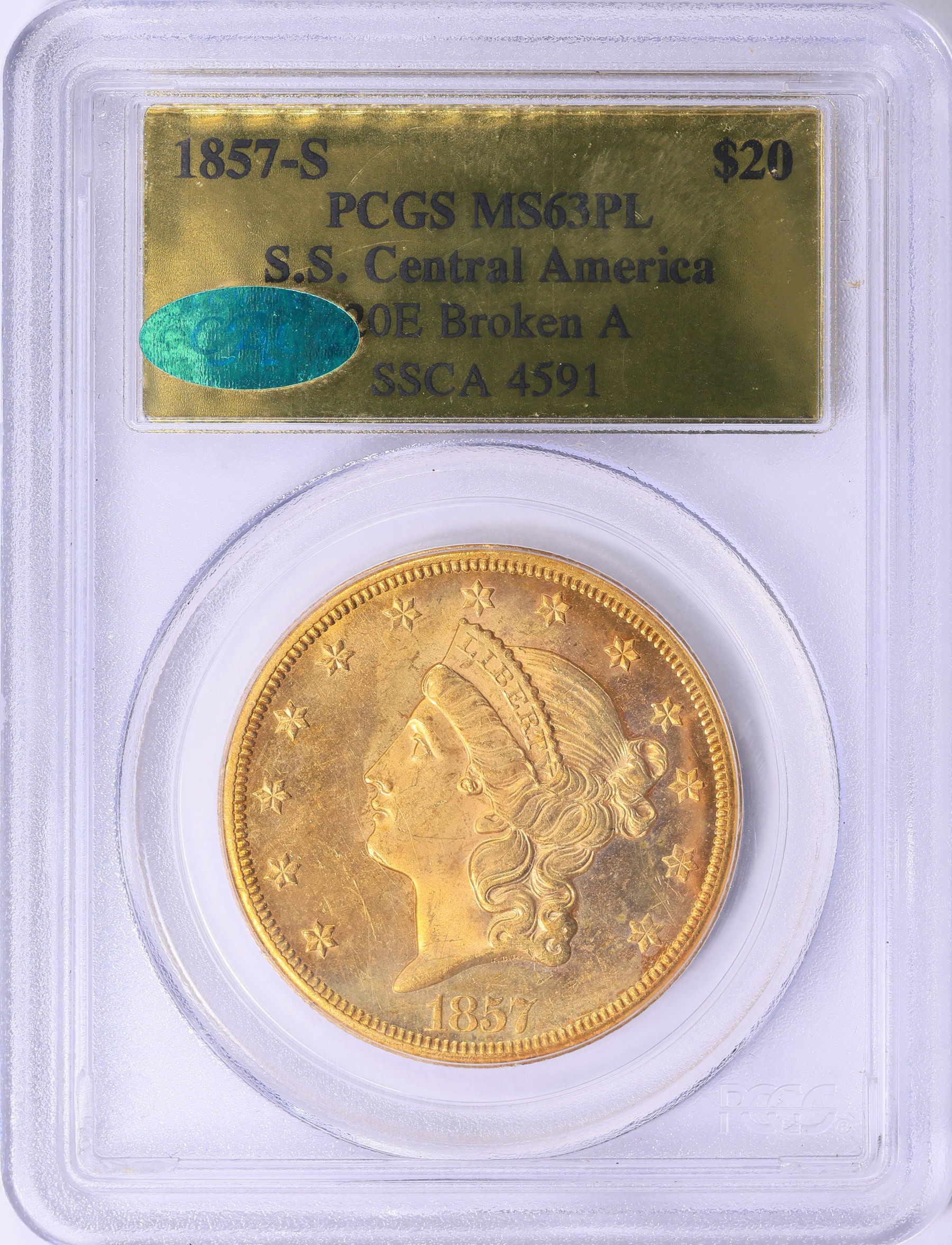 1857-S Liberty Gold Double Eagle 20E Broken A Shipwreck S.S. Central America PCGS MS-63 PL (Gold ...