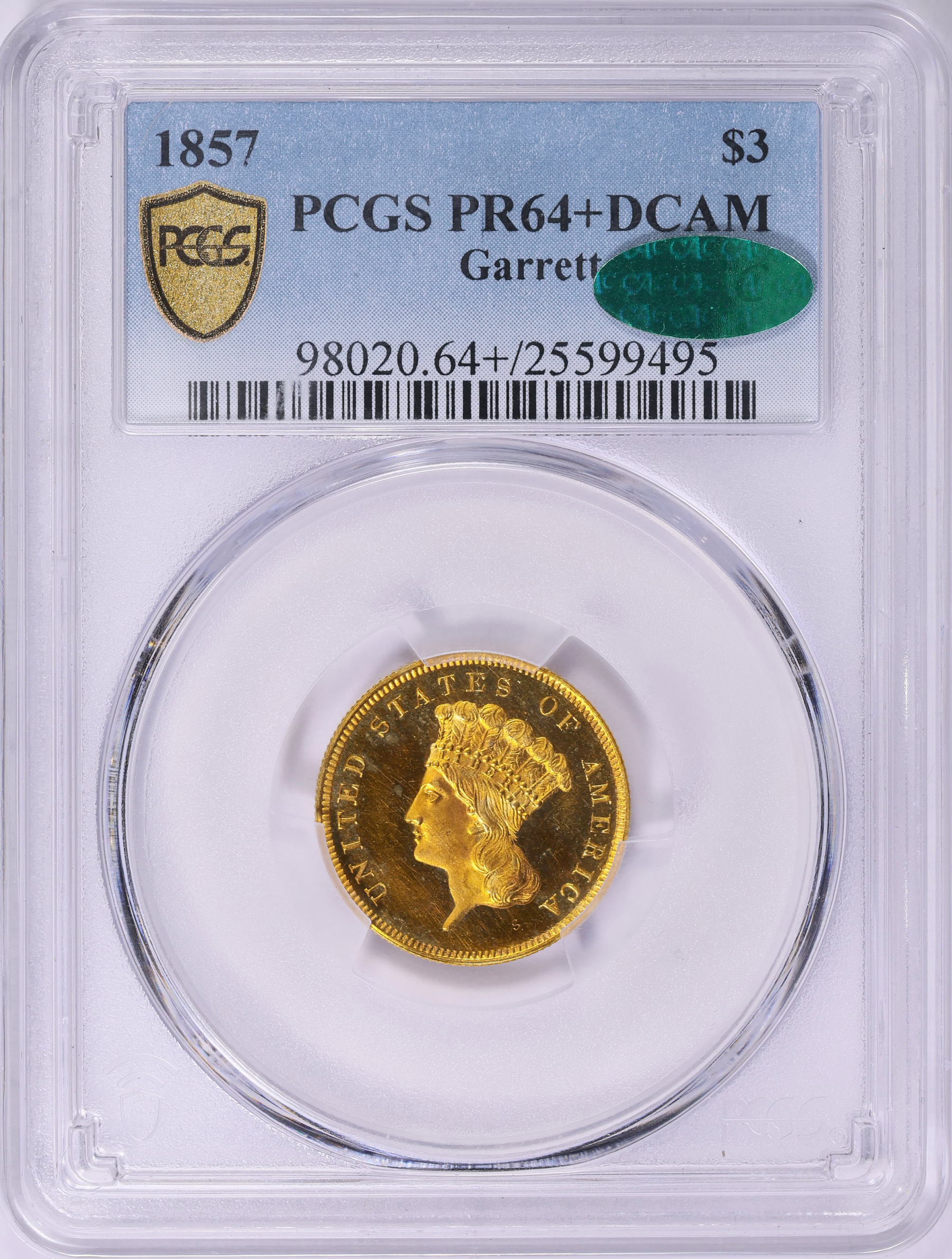 1857 Three-Dollar Gold Piece PCGS Proof-64+ DCAM (CAC Green) (Garrett ...