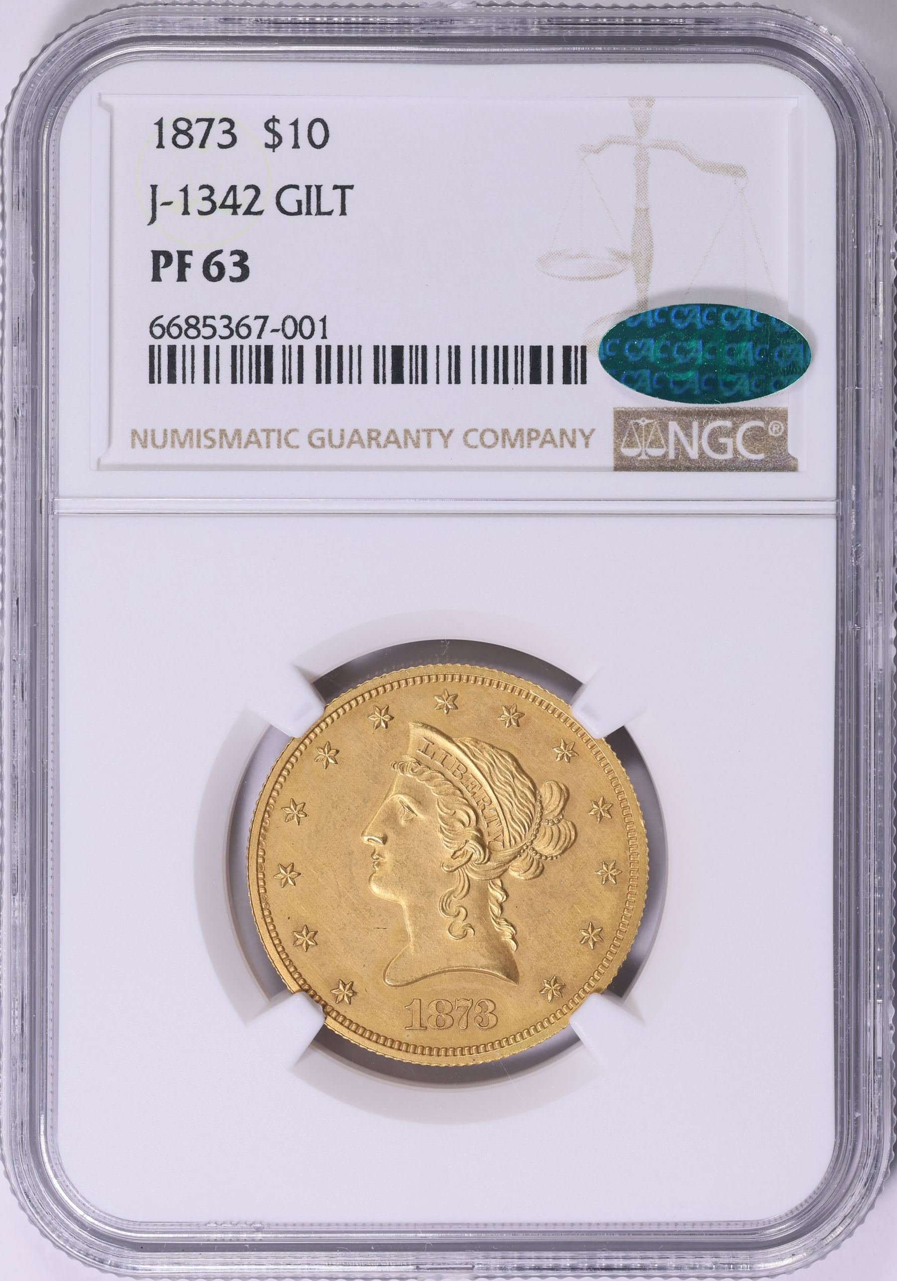 Pattern 1873 $10 J-1342 Gilt NGC Proof-63 (CAC Green) (Item 1874864) | GreatCollections Coin ...