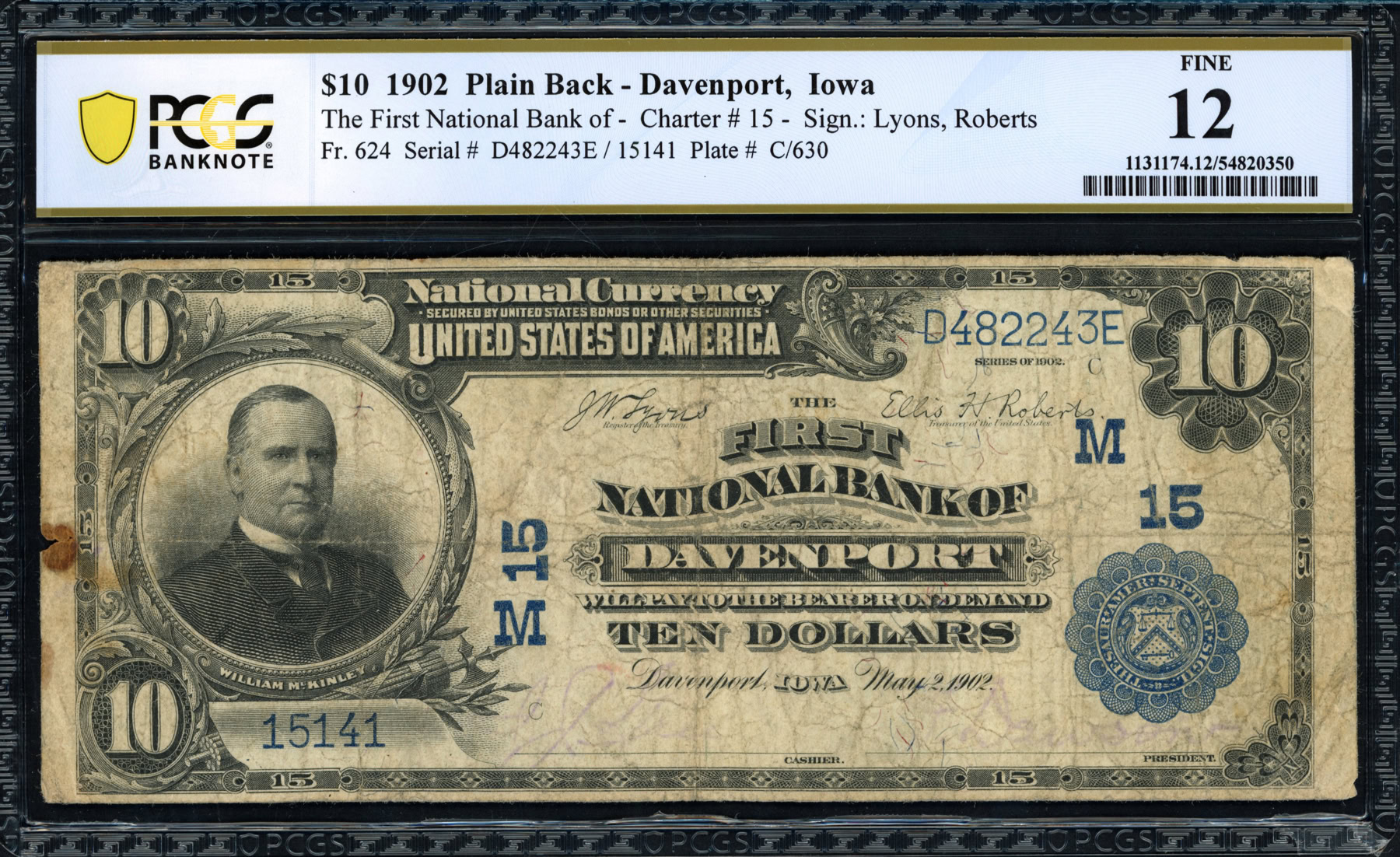 Fr. 624 Davenport, Iowa 1902 $10 Plain Back Note The First National ...
